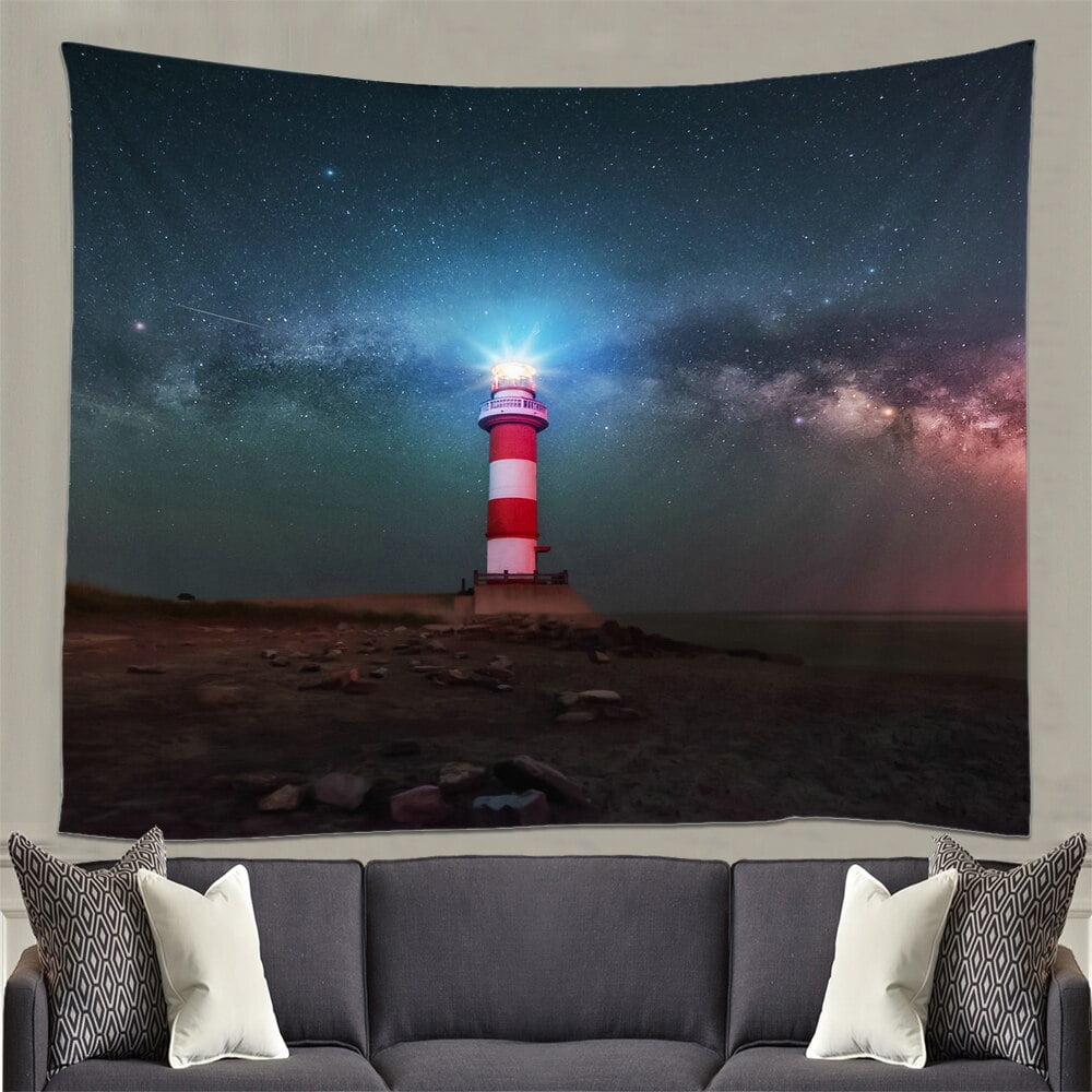 Lighthouse Decor Tapestry Long Woodwalk Towards the Seaside Night Lighthouse At Sunset Time Wall ...