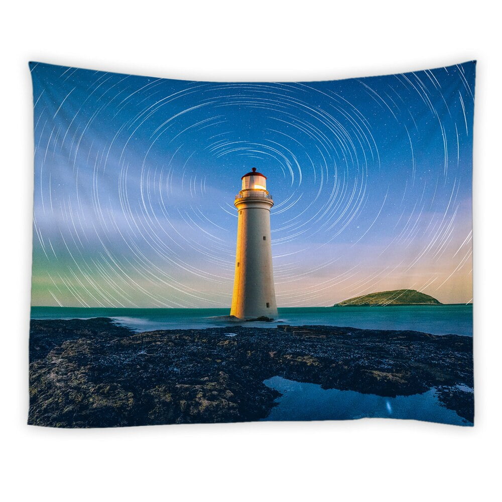 Lighthouse Decor Tapestry Long Woodwalk Towards the Seaside Night Lighthouse At Sunset Time Wall ...