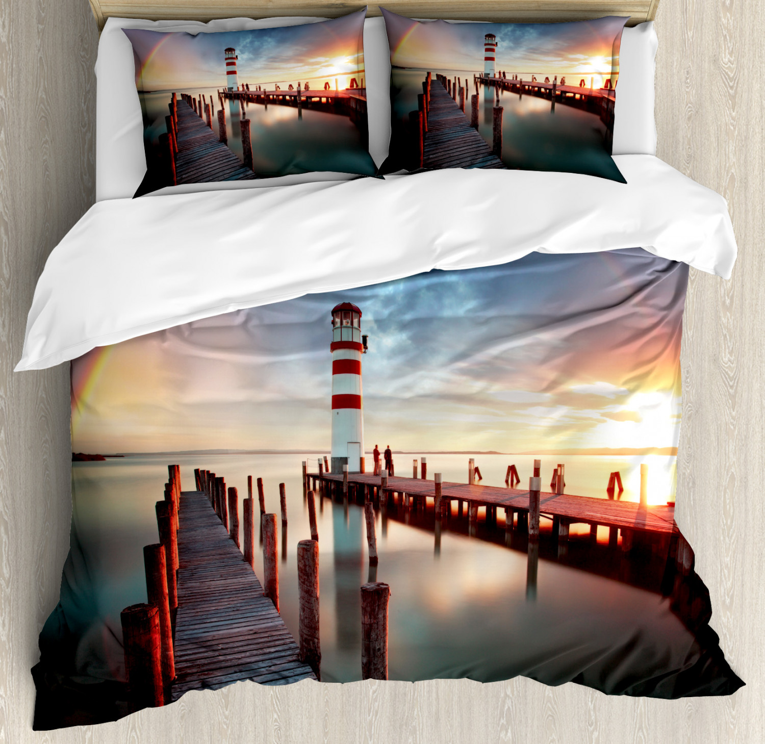 Lighthouse Duvet Cover Set King Size, Sunset at Seaside Wooden Docks ...
