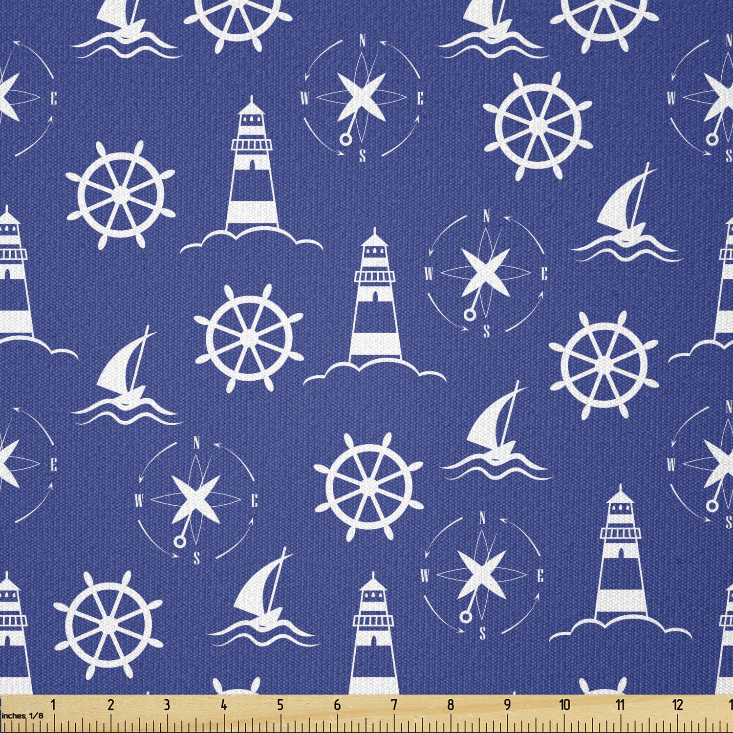 Lighthouse Fabric by The Yard, Marine Silhouettes Compass Ships and ...