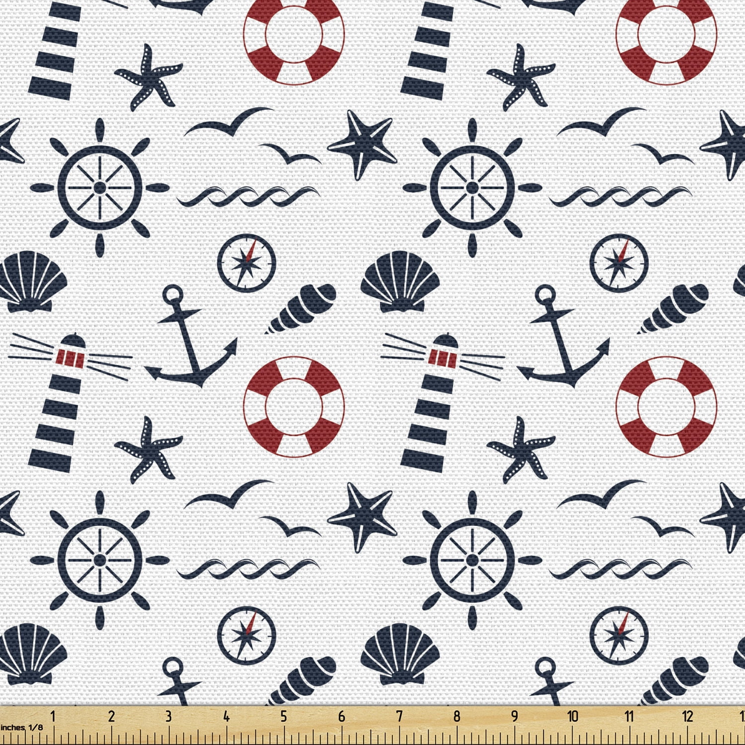 Ambesonne Lighthouse Fabric by the Yard Upholstery, Nautical Wave Helms ...