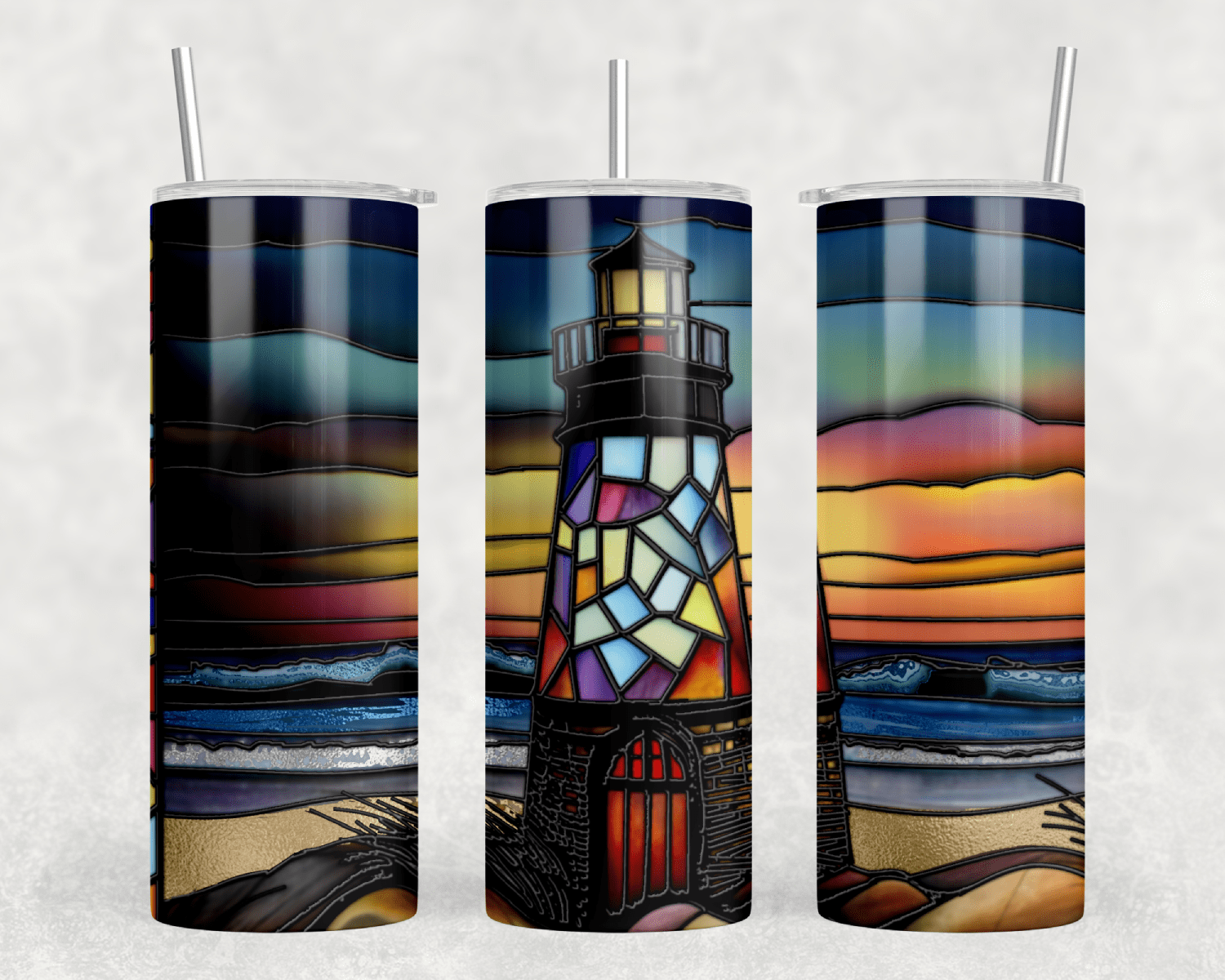 Lighthouse Faux Stained Glass Look 20 Oz Skinny Metal Tumbler w/Lid and ...