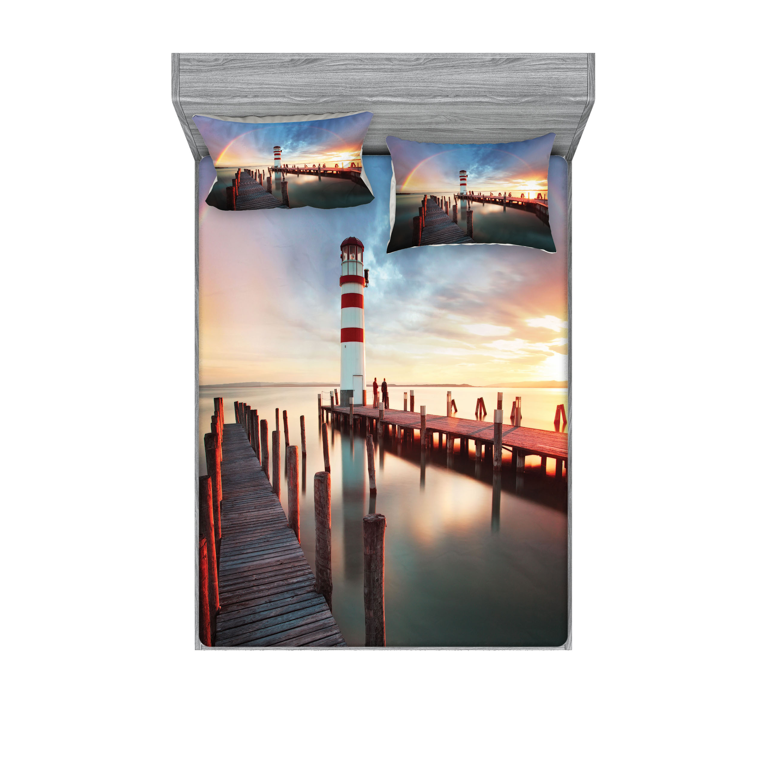 Lighthouse Fitted Sheet & Pillow Sham Set, Sunset at Seaside Wooden ...