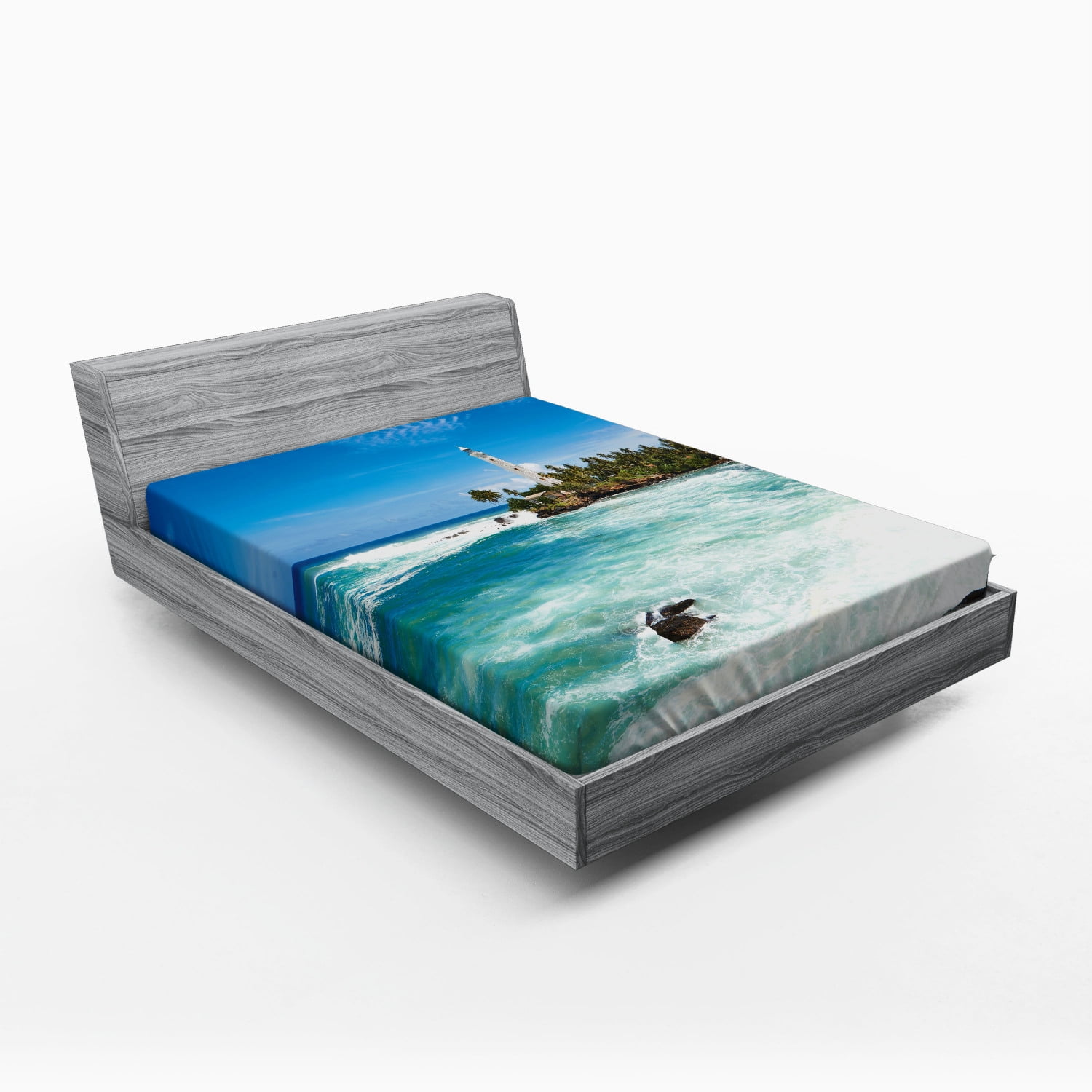 Lighthouse Fitted Sheet, Tropical Island Lighthouse with Palm Trees ...