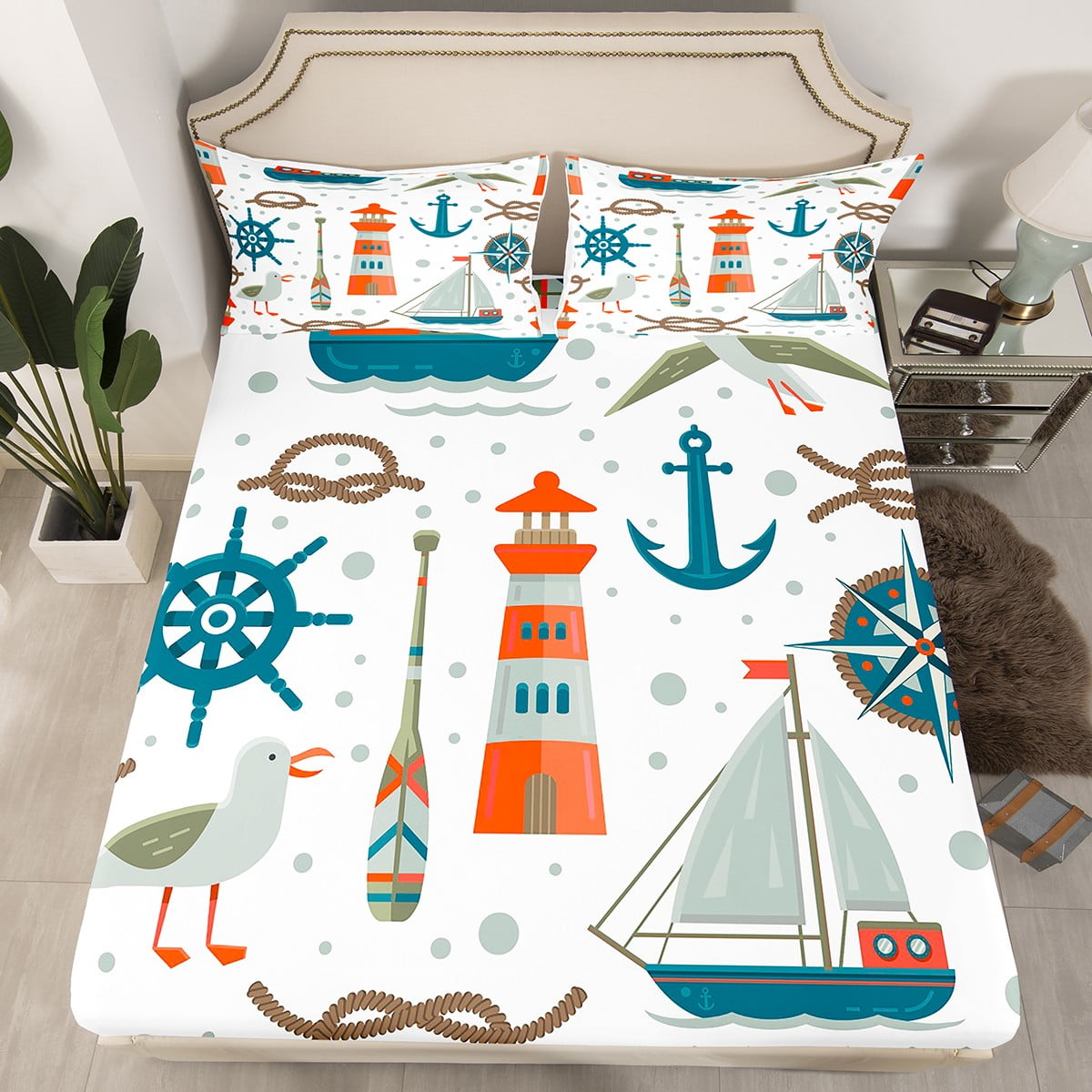 Lighthouse Fitted Sheet Lake Paddle Queen Bed Sheets,Nautical Rope Knot ...