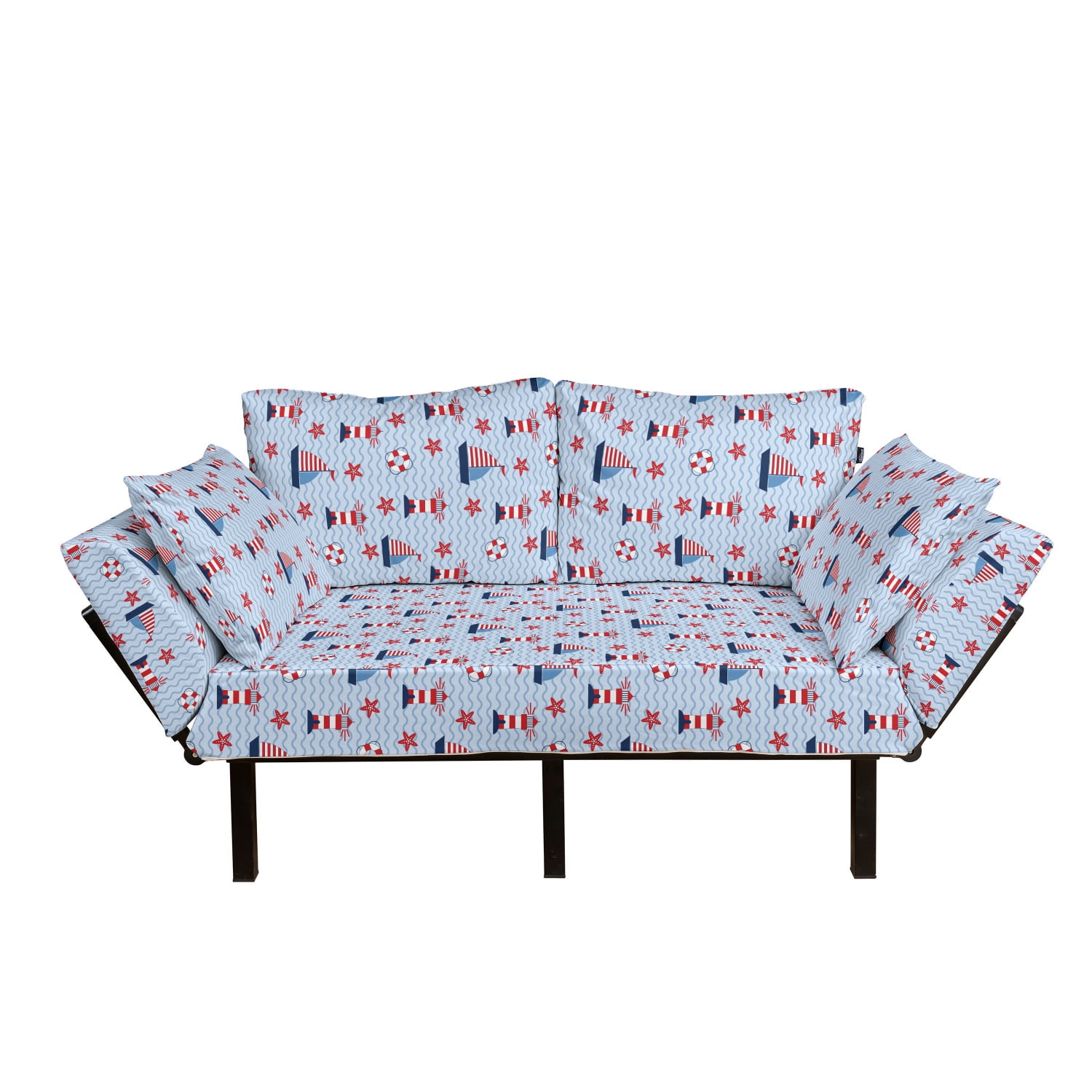 Lighthouse Futon Couch, Sea Waves Background with Boats and Starfish ...