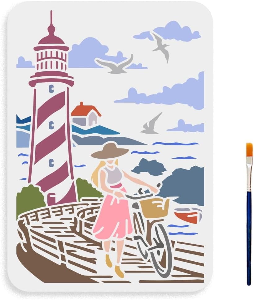 Lighthouse Girl Stencil 11.7×8.3inch Large Summer Sea Ocean Stencils ...