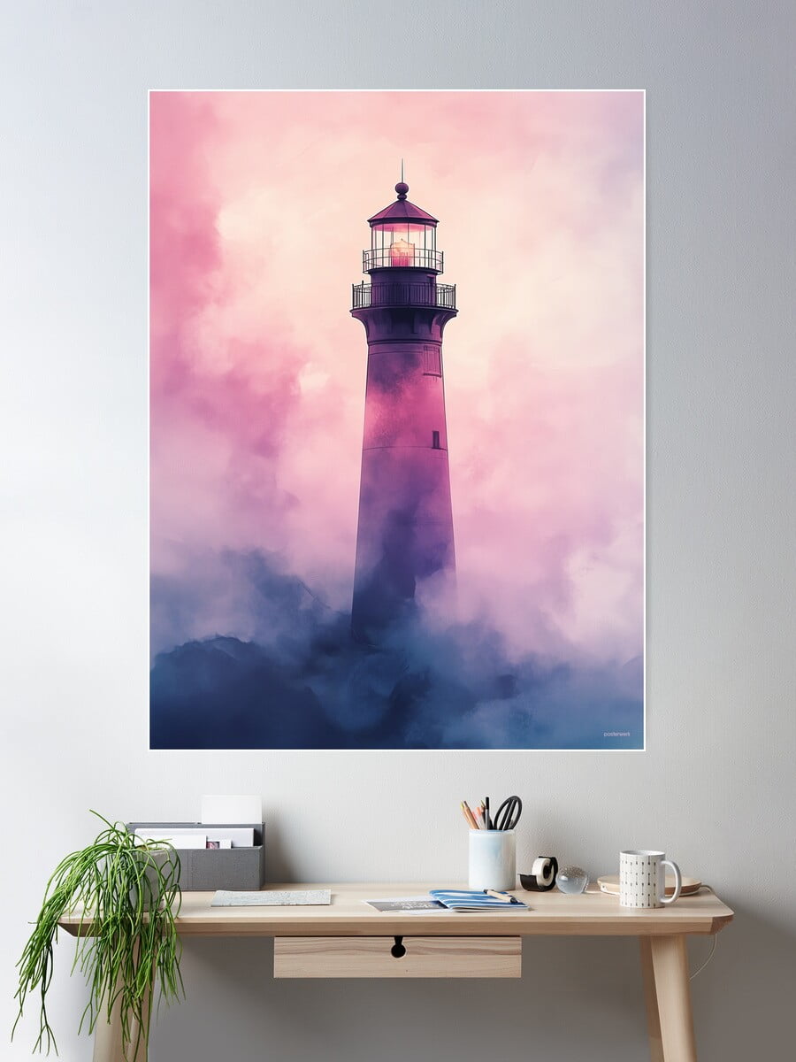 Lighthouse In The Glowing Mist Poster Wall Art, Modern Wall Decor For ...