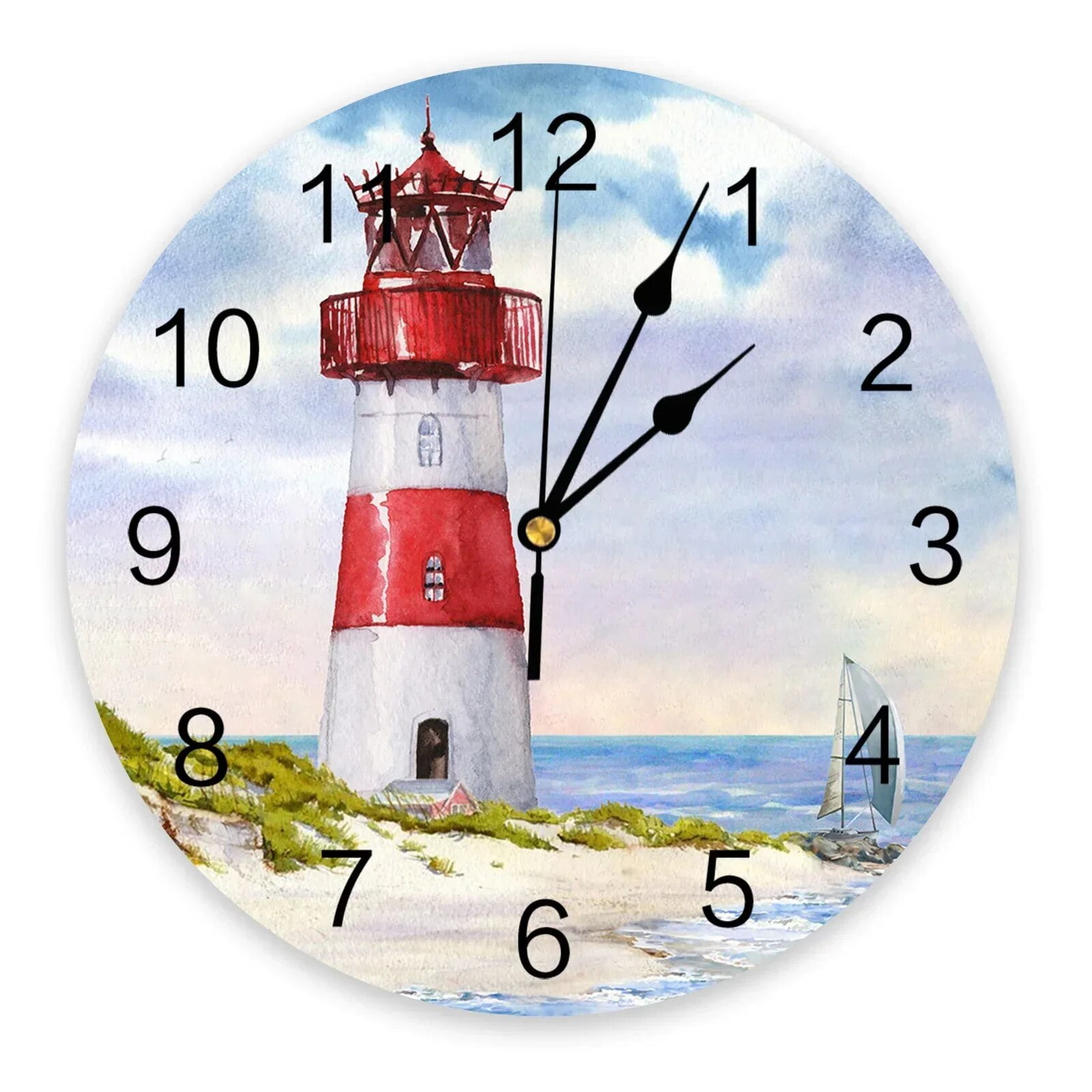 Lighthouse Island Vintage Watercolor Wall Clock Large Modern Kitchen Dinning Round Wall Clocks ...