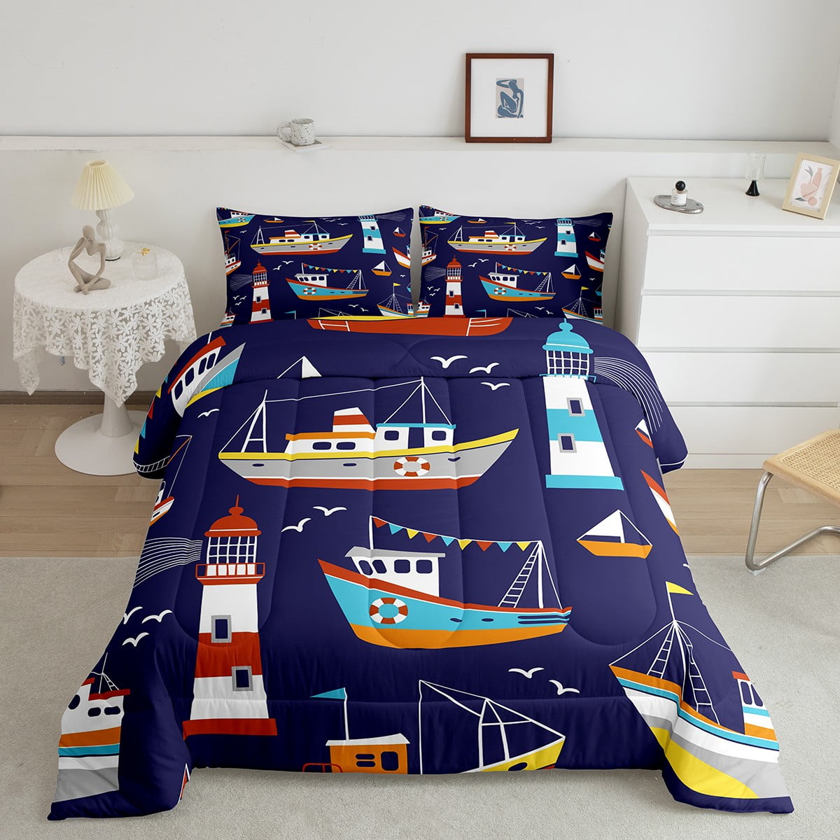 Lighthouse King Bedding Set for Boys,Nautical Retro Sailboat Quilt ...