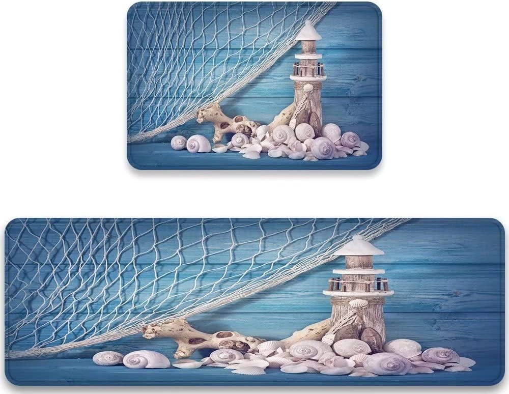 Lighthouse Kitchen Rug Sets 2 Pieces Seashell Fishing Net Starfish ...
