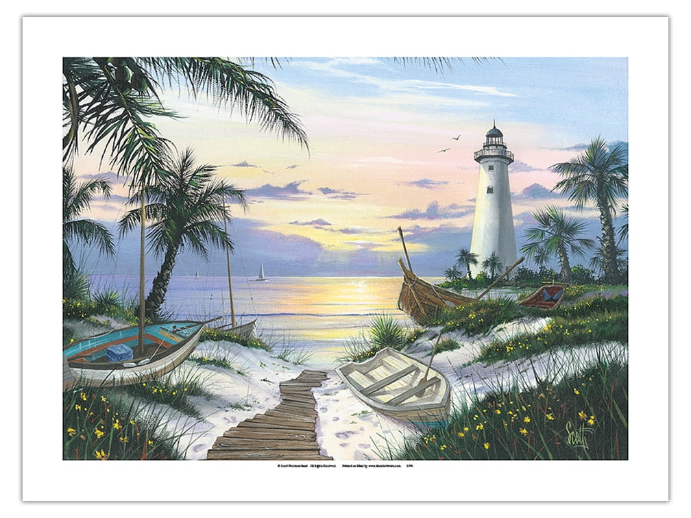 Lighthouse Landing - Serene Sunset - From an Original Color Painting by ...