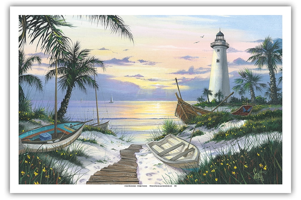 Lighthouse Landing - Serene Sunset - From an Original Color Painting by ...