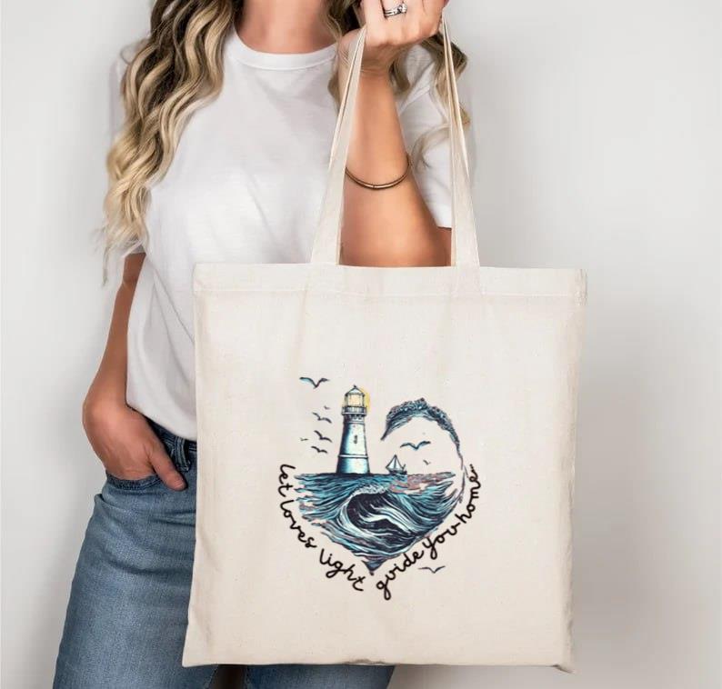 Lighthouse & Ocean Scenic Graphic Tote Bags for Nautical Lovers ...