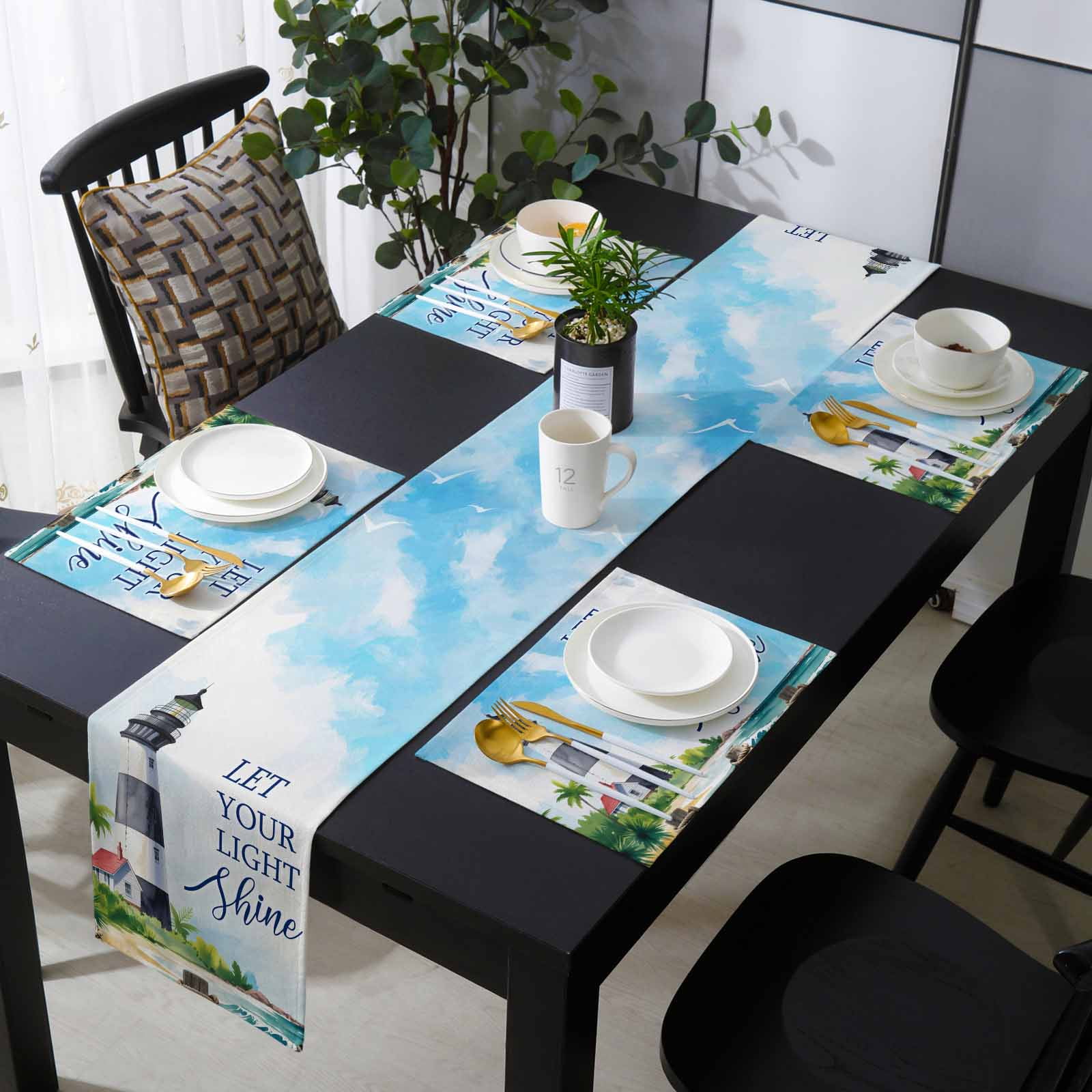Lighthouse Placemats Set of 4 with 70 Inches Long Table Runners,Blue ...