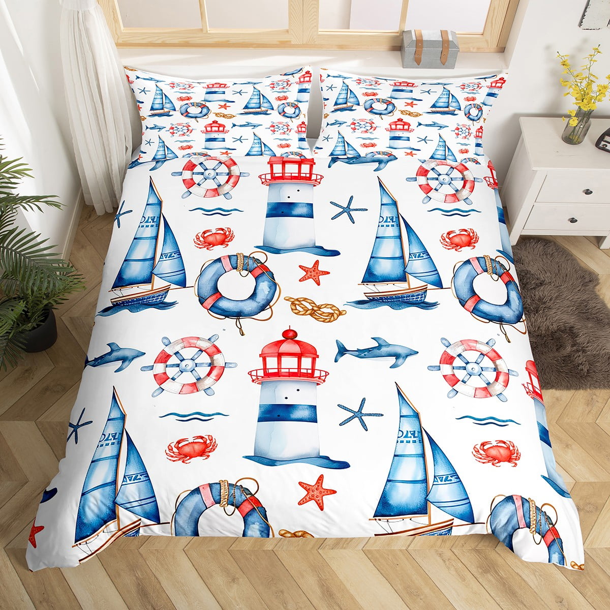 Lighthouse Queen Bedding Set for Boys,Nautical Rope Knot Comforter ...