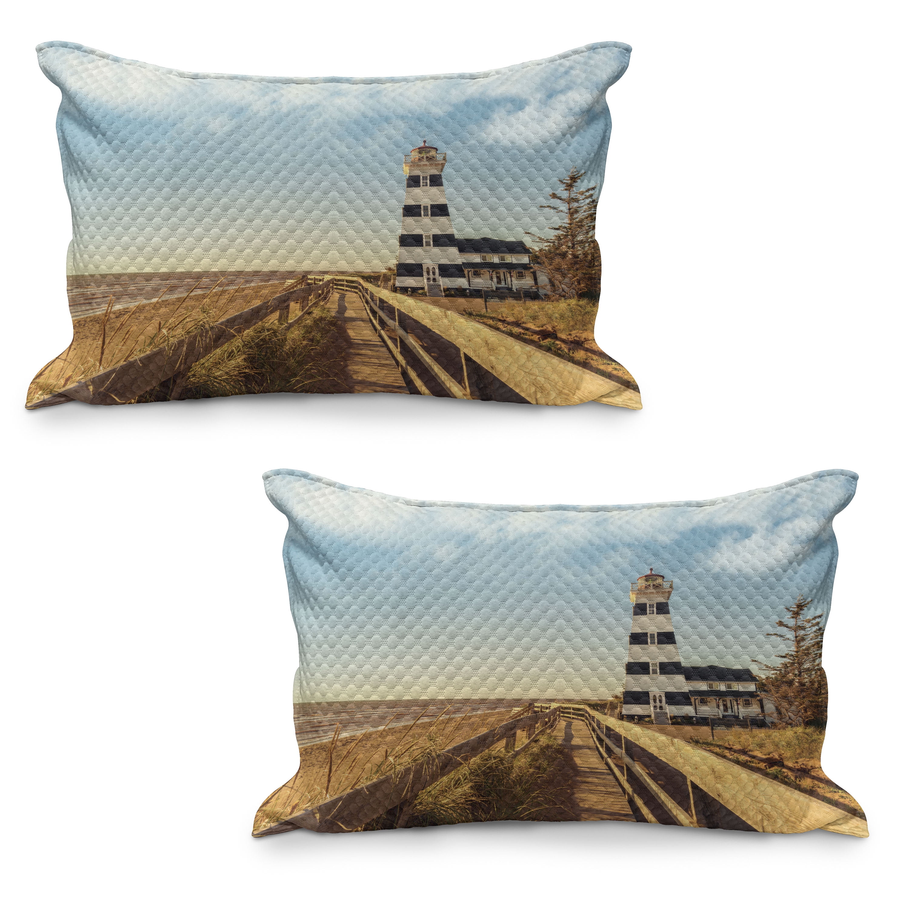 Lighthouse Quilted Pillowcover Set of 2, Sandy Coastal Beach with ...