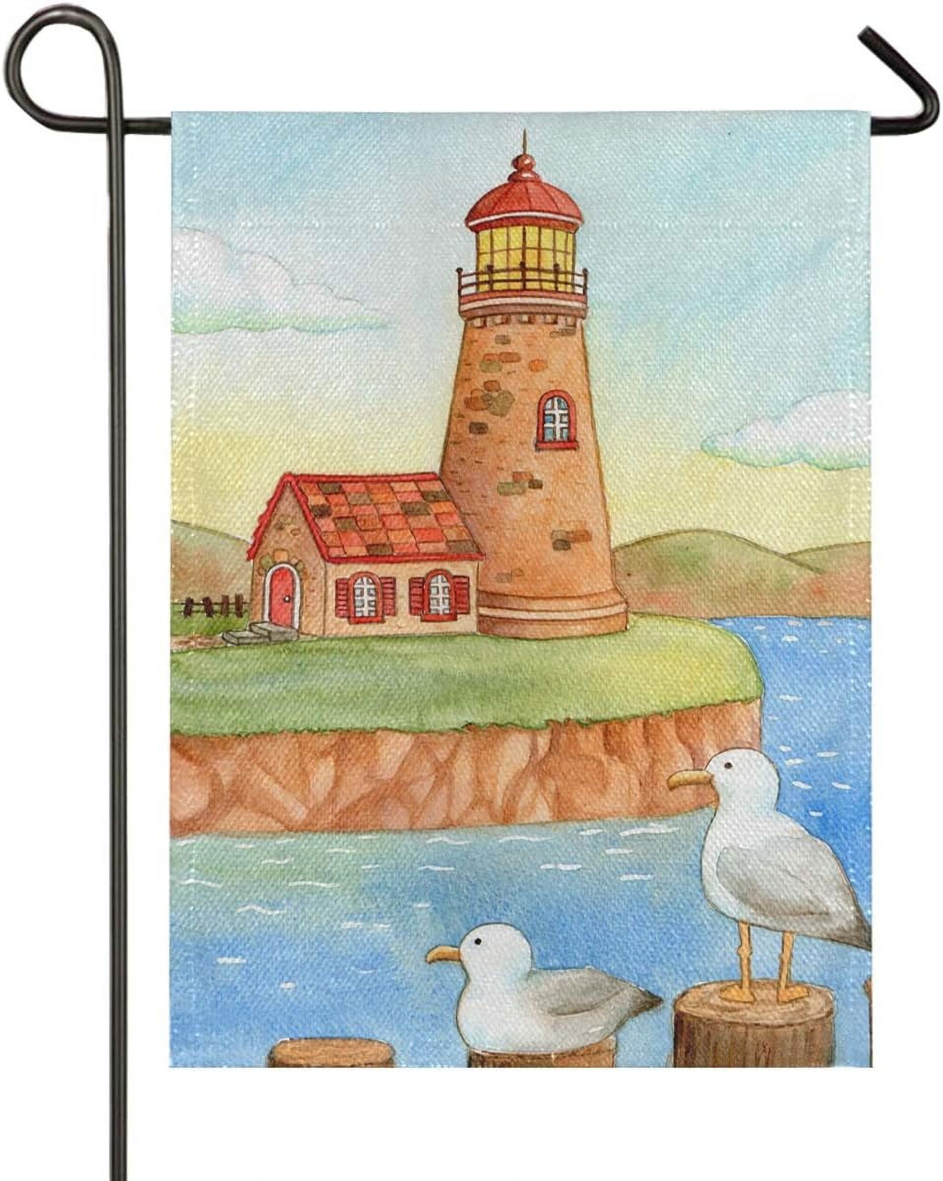 Lighthouse Red Cottage Seagulls Coastal Beach Garden Flag Double Sided ...