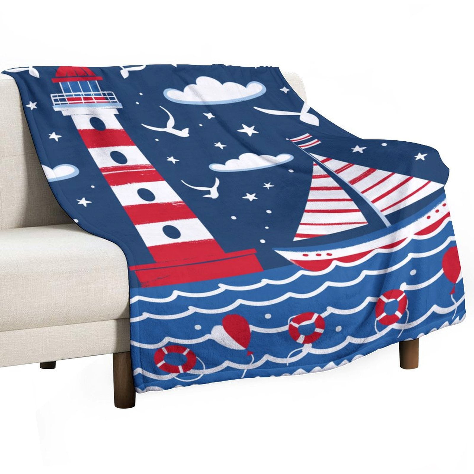 Lighthouse Sailboat Ocean Waves Balloons Soft Print Blanket Throw ...