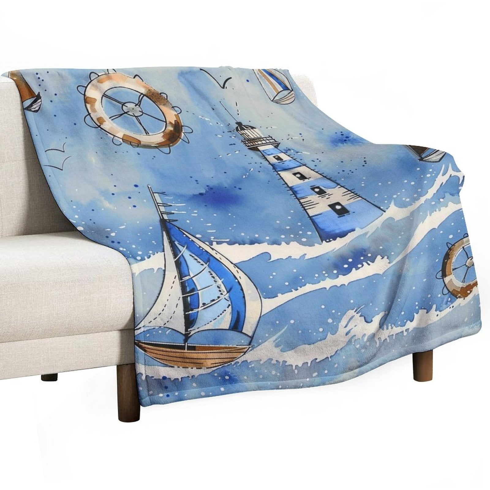 Lighthouse Sailboat Ocean Waves Lifebuoy Soft Print Blanket Throw ...