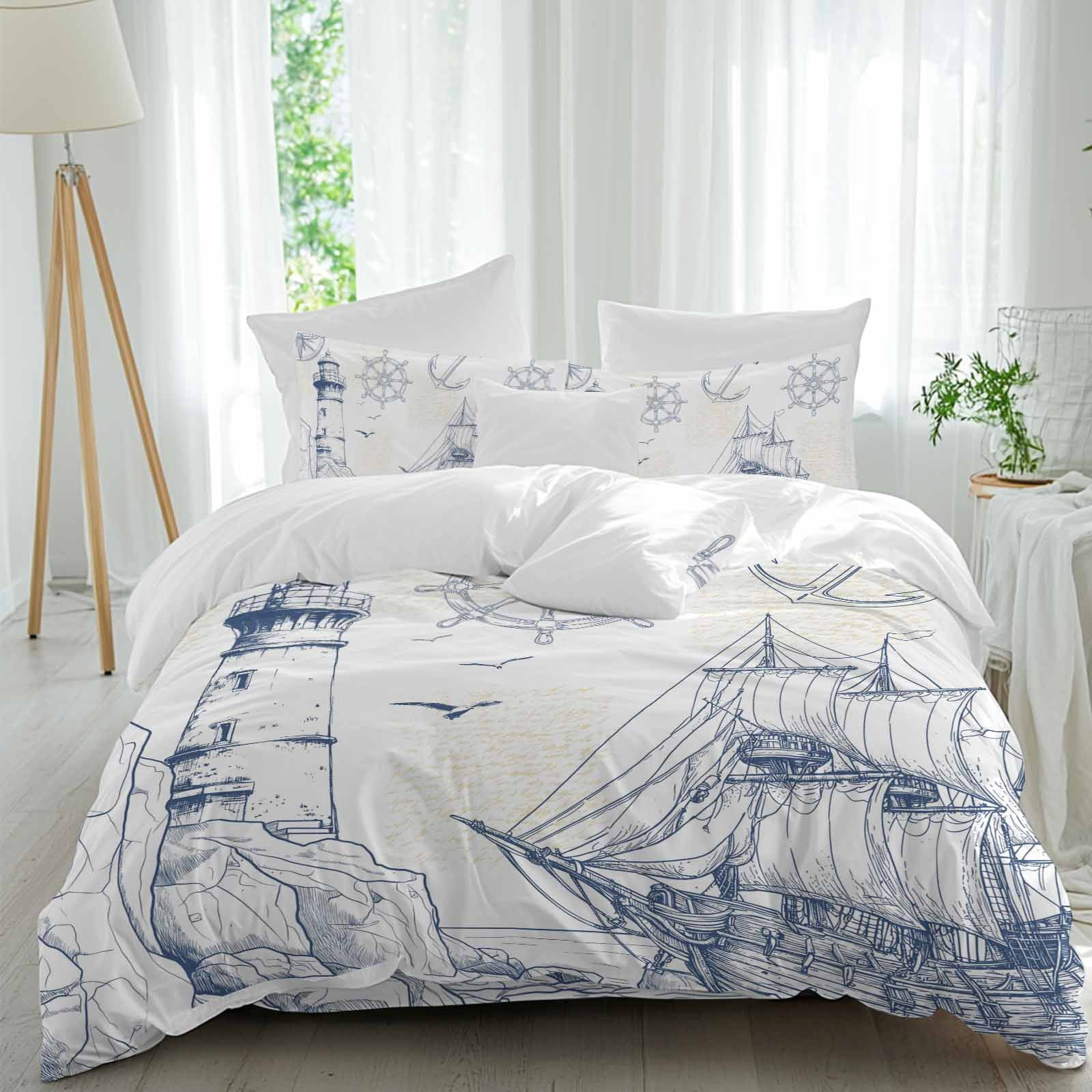 Lighthouse Sailboat Seagull Full Size Comforter Set, Nautical Ship ...