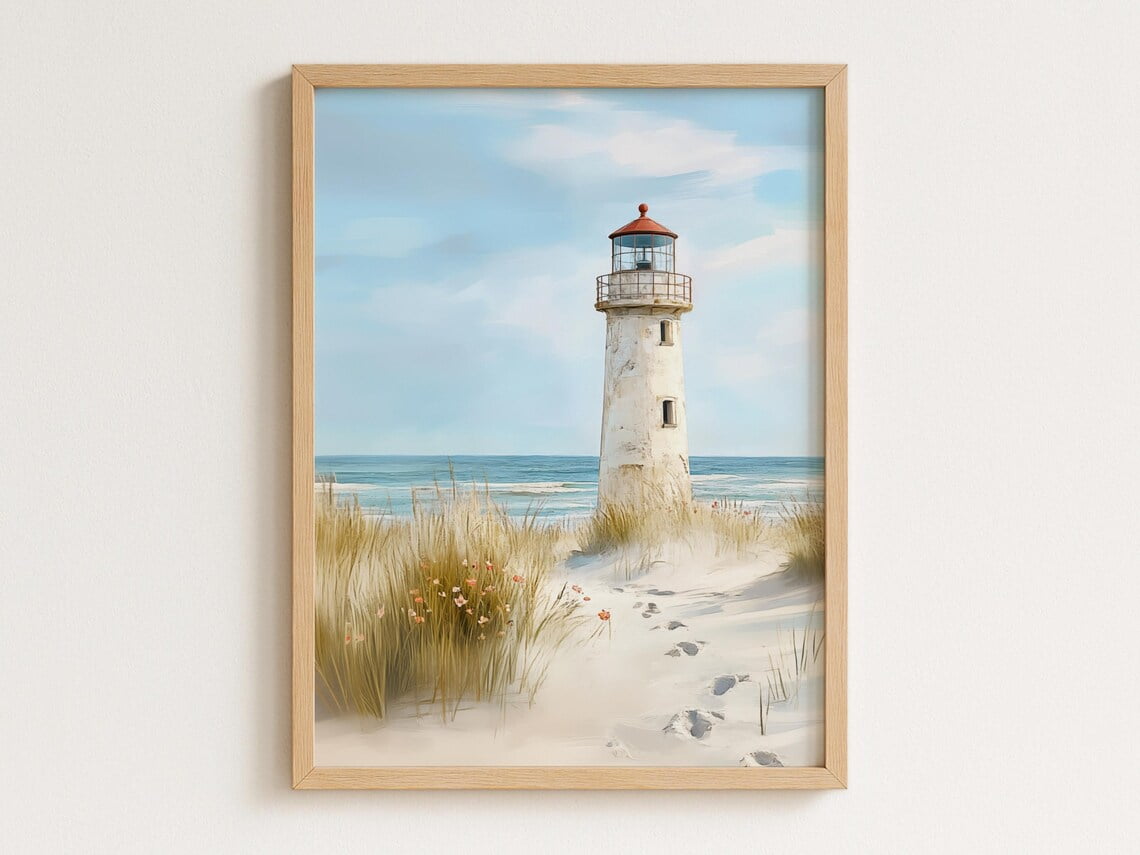 Lighthouse On Sandy Beach Print - Coastal Wall Art - Seaside - Nautical Summer Decor ...