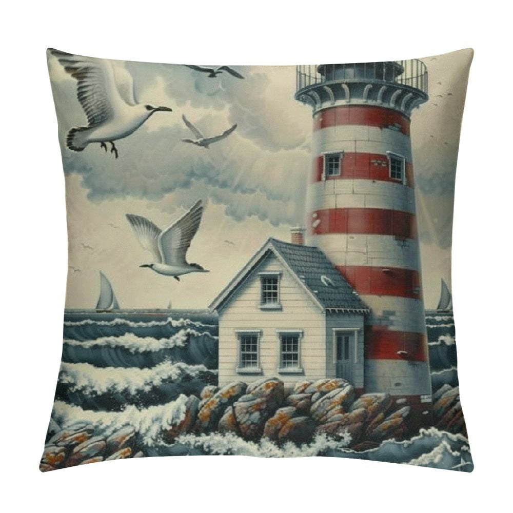 Lighthouse and Seagulls Throw Pillow Covers Peaceful Red and White Hand ...