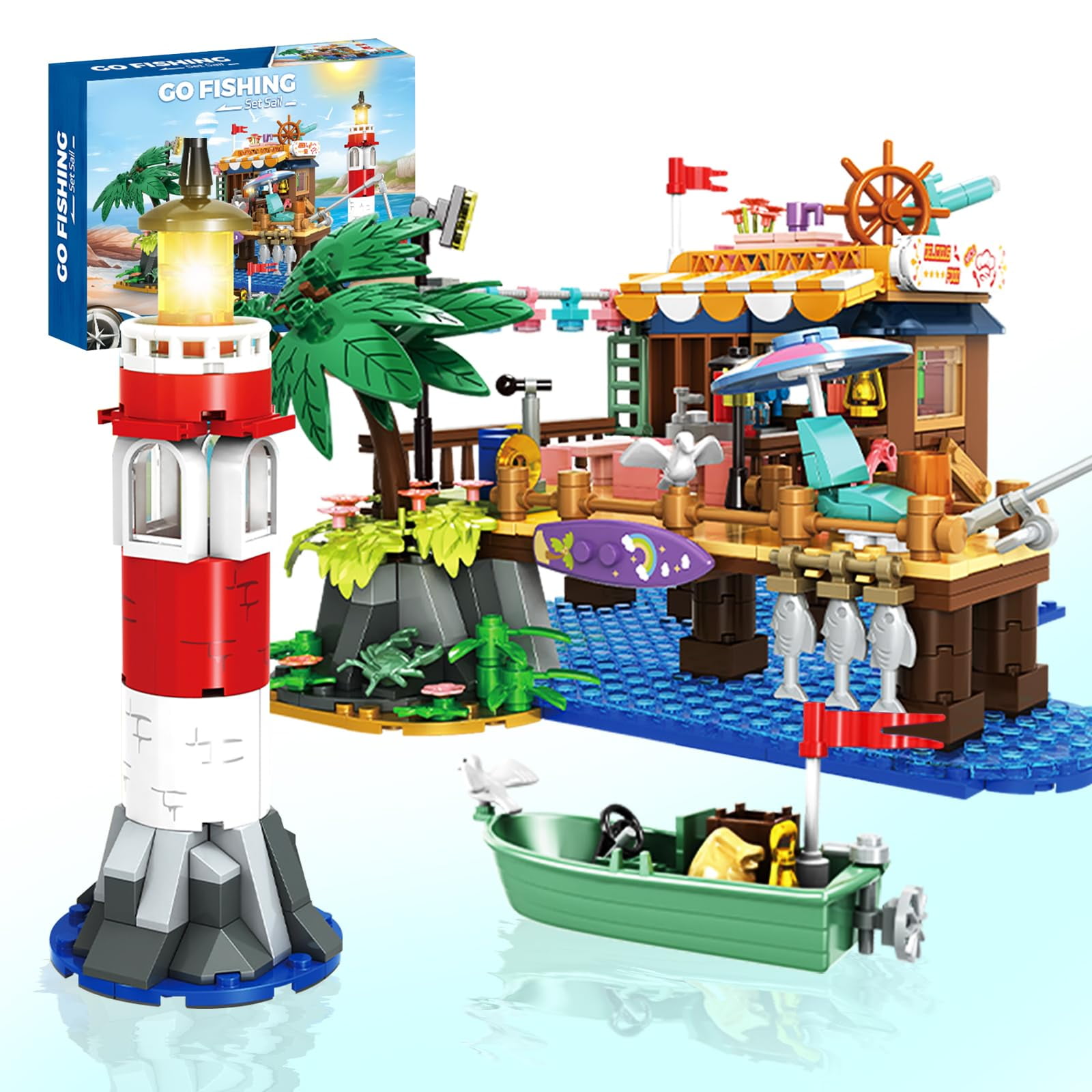 Lighthouse Seaside Fishing Village House with Palm Tree & Boat, Coastal ...