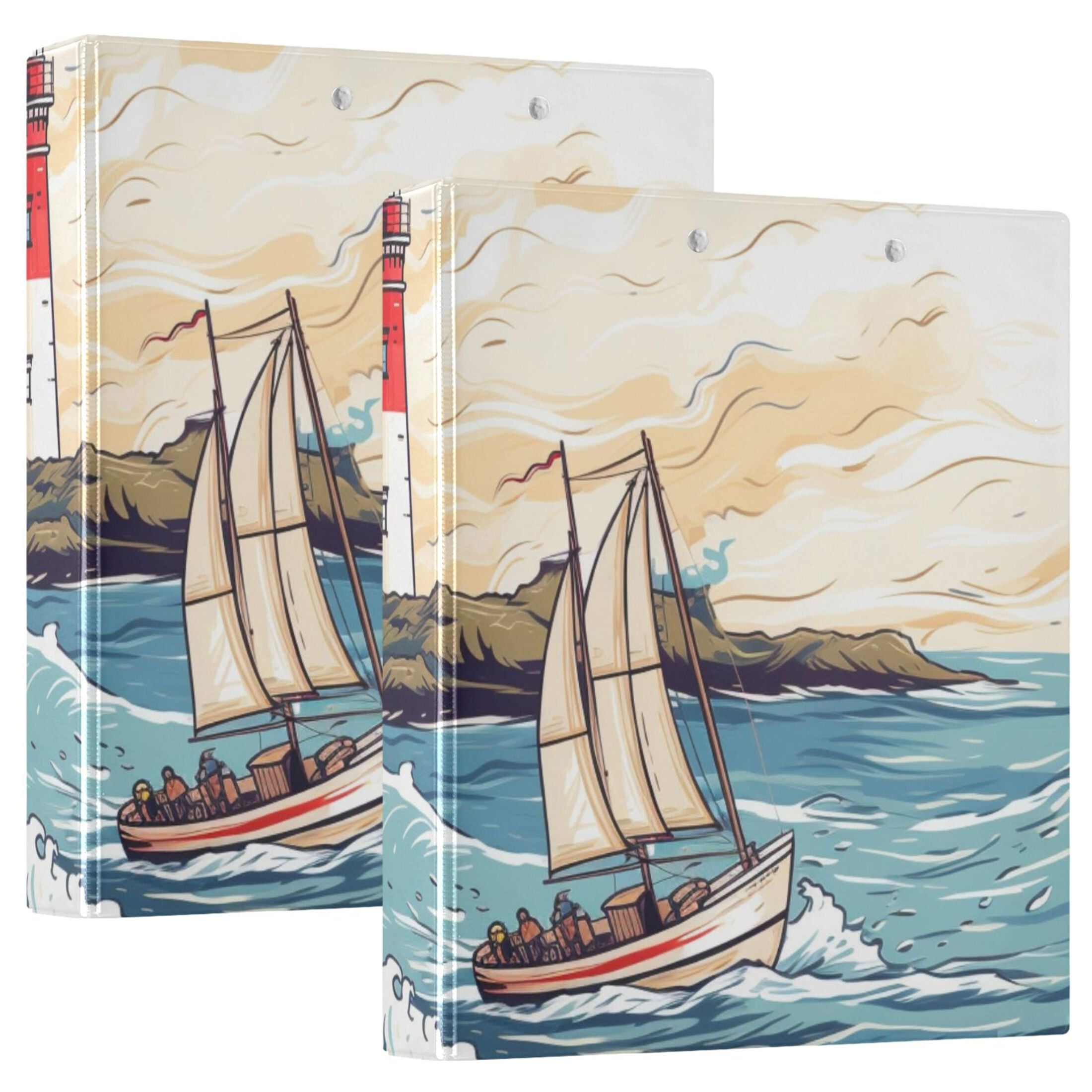 Lighthouse Ship Waves Island 3 Ring Binders 1.5 inch Hardcover File ...