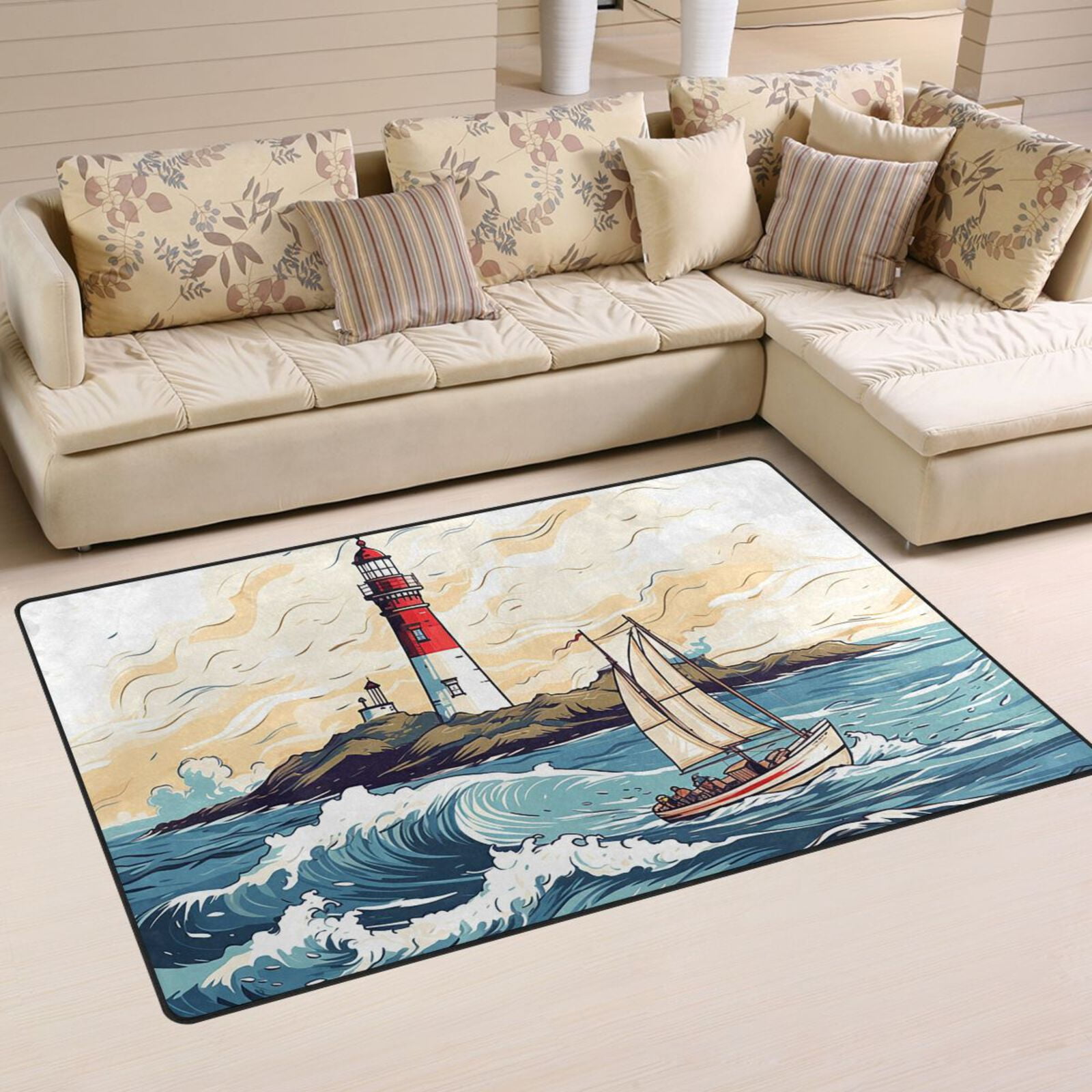Lighthouse Ship Waves Island Area Rug Washable Floor Carpet Mat 60 x 39 ...