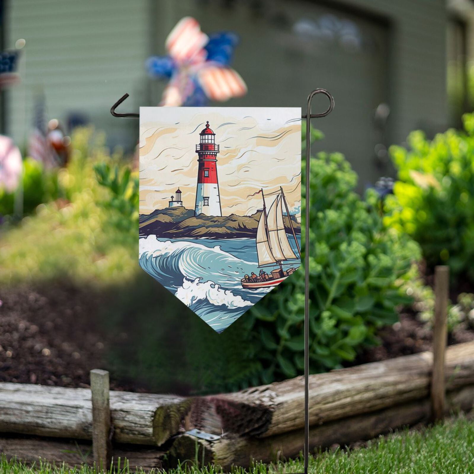 Lighthouse Ship Waves Island Garden Flag 18" x 12.5" Double Sided Yard ...