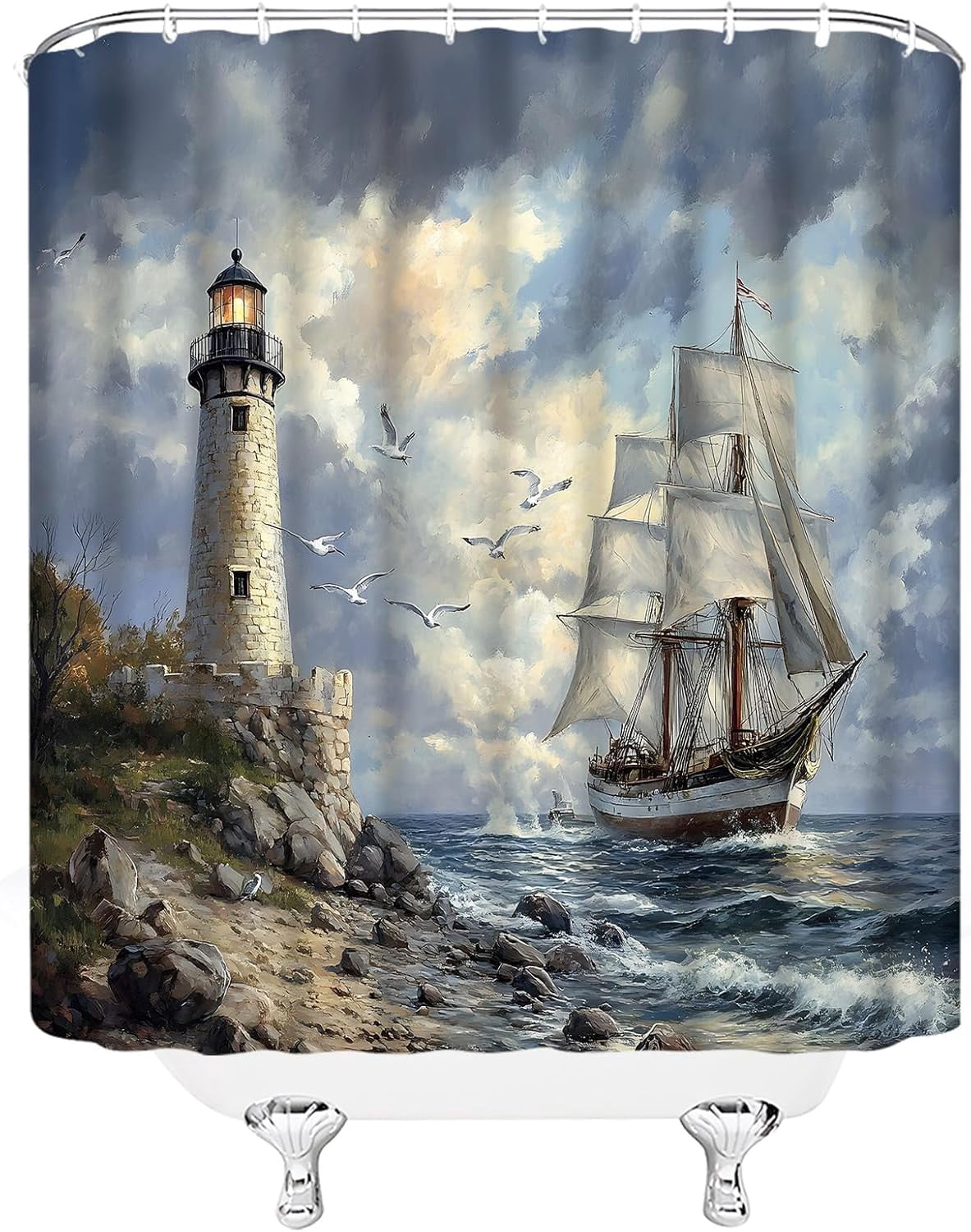 Lighthouse Shower Curtain Ocean Beach Coastal Sailboat Seagull Sea Wave ...