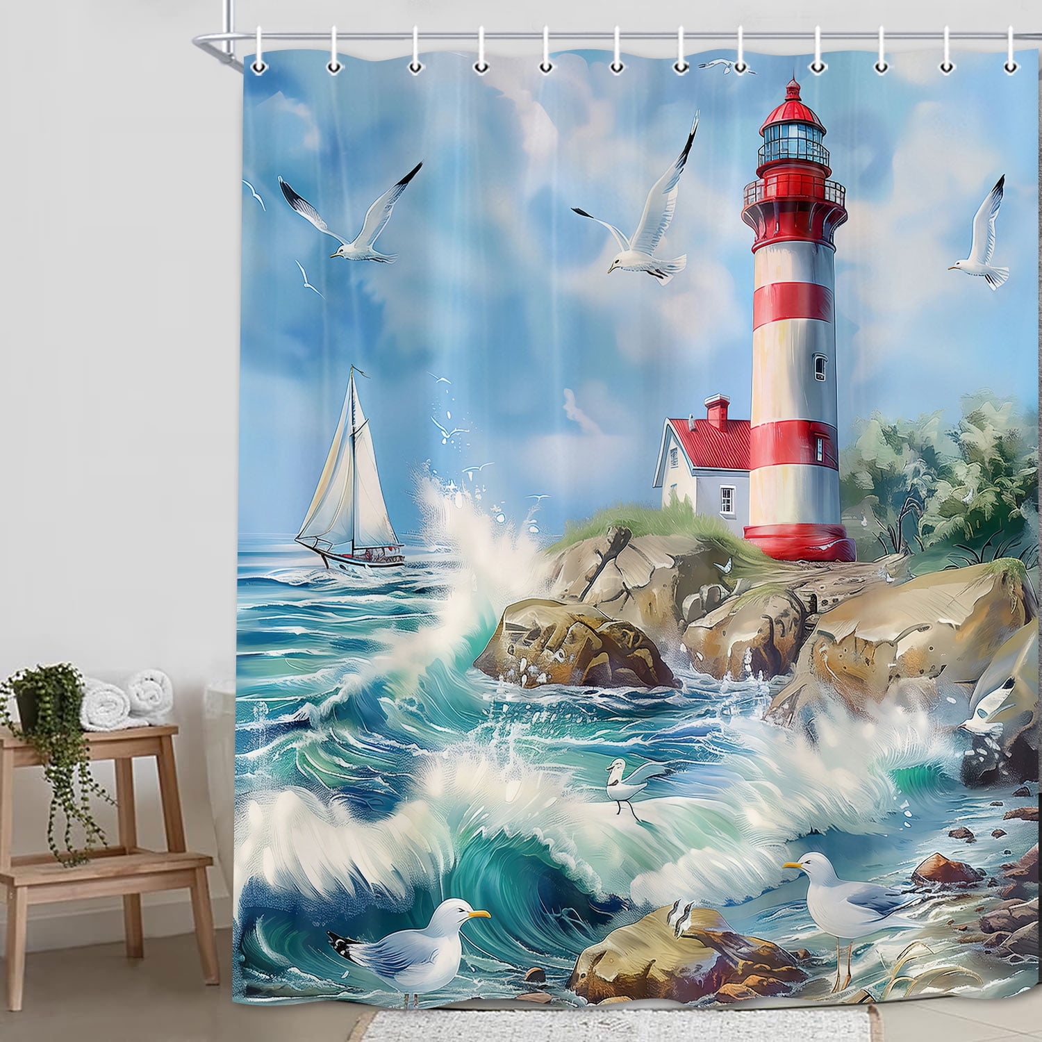 Lighthouse Shower Curtain,Ocean Wave Beach Seagull Shower Curtain for ...