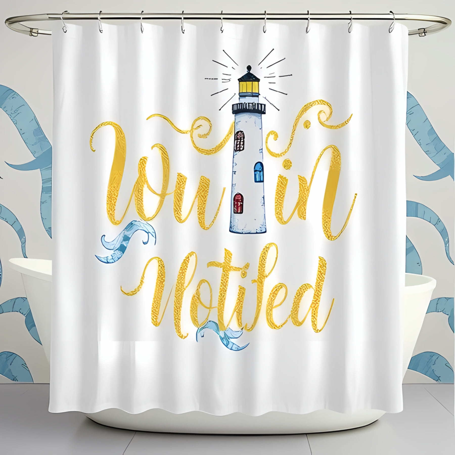 Lighthouse Shower Curtain with Blue Wave Patterns - Decorative Cursive ...