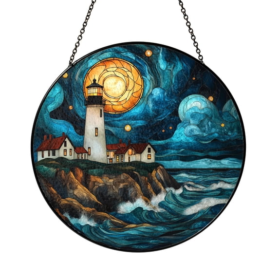 Lighthouse Stained Glass Style Suncatcher Window Hanging, Night Sky ...