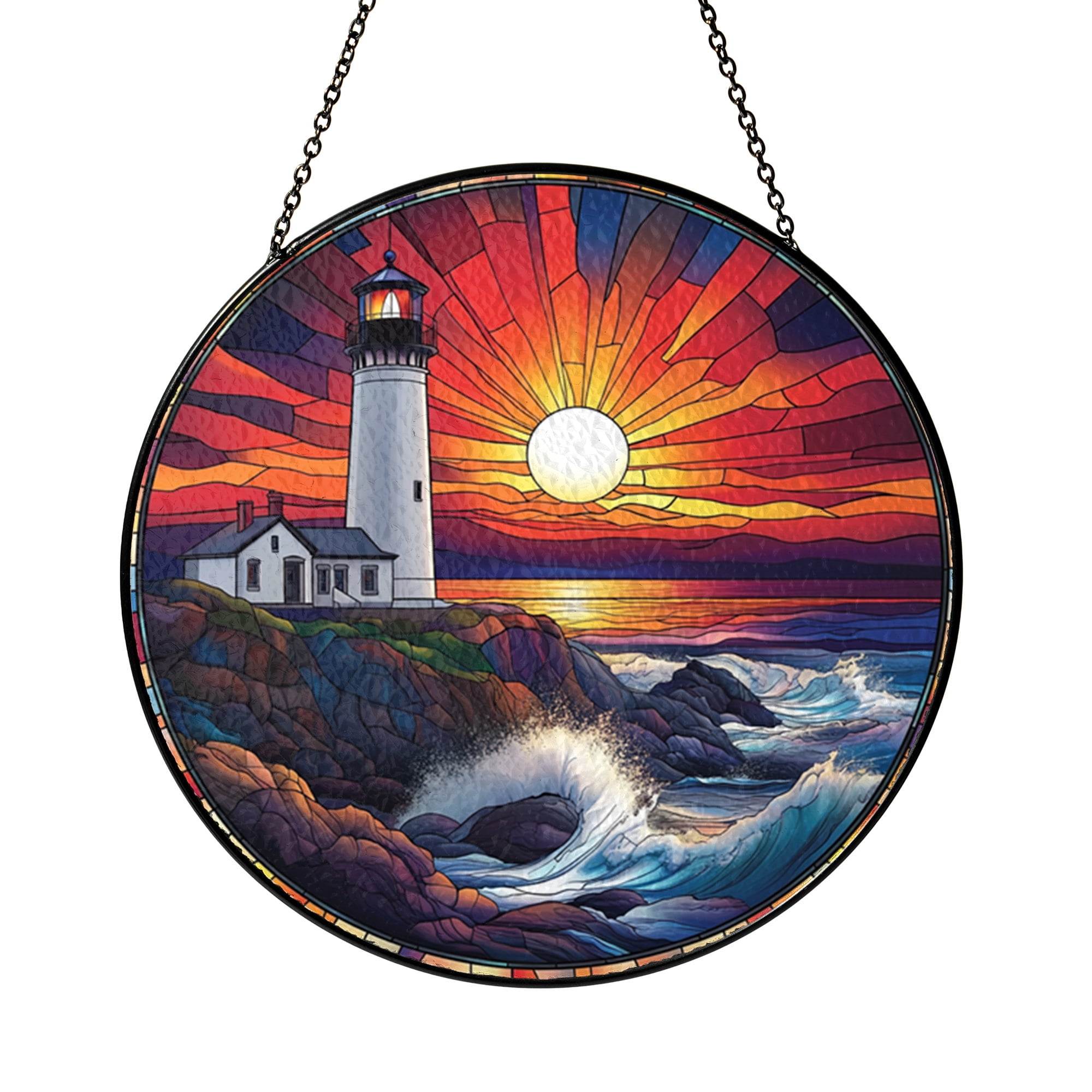 Lighthouse Stained Glass Suncatcher – Sunset Ocean Window Hanging for ...