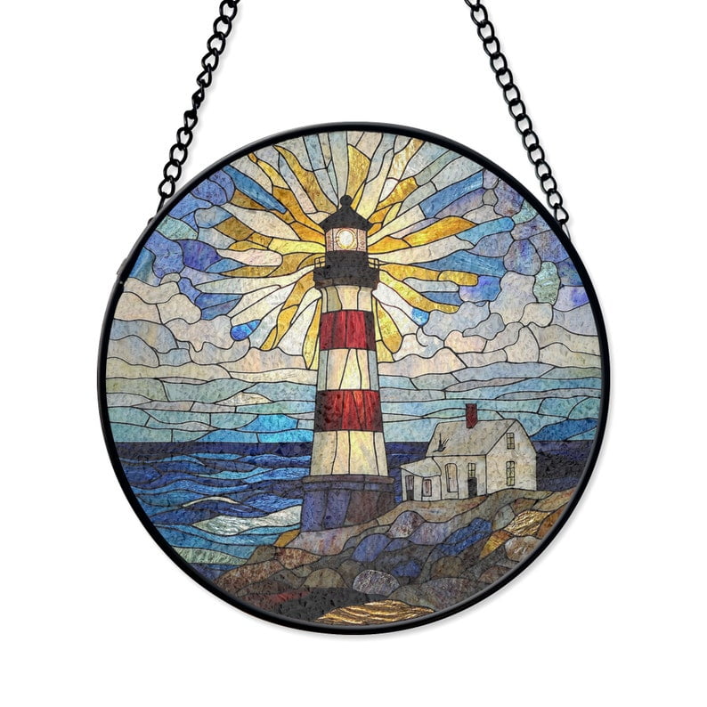 Lighthouse Stained Glass Window Hanging - Coastal Ocean Suncatcher with ...