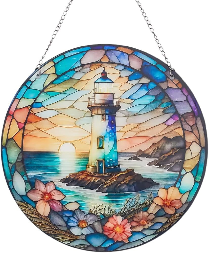 Lighthouse Suncatcher Stained Window Hangings Acrylic Round Window Panel Glass Window Hangings ...