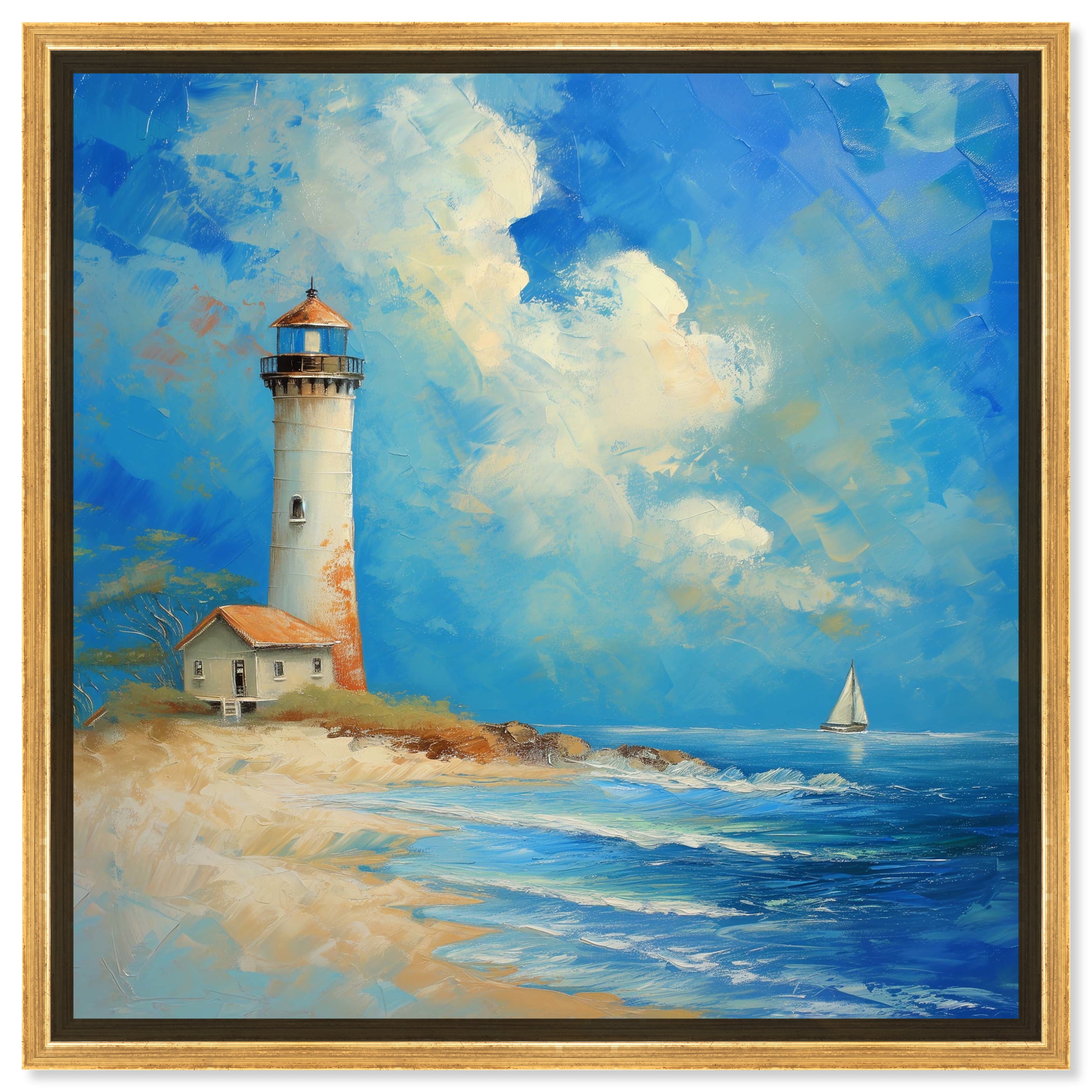 Lighthouse Sunrise Chic Coastal Canvas Wall Art by Art Remedy, Gold ...