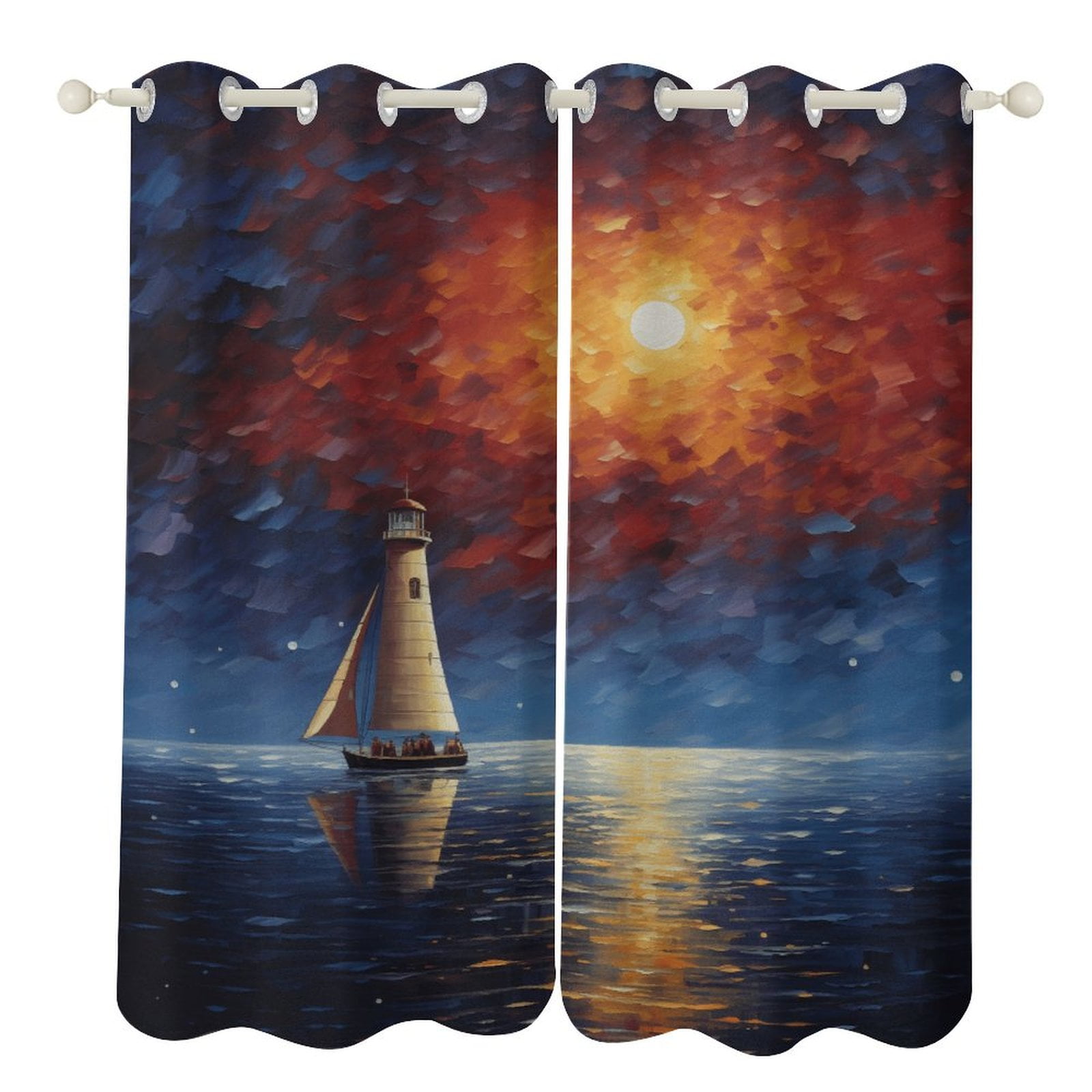 Lighthouse Sunrise Coast Scenery Pale Blue Tan 2 Panel Curtain Set ...
