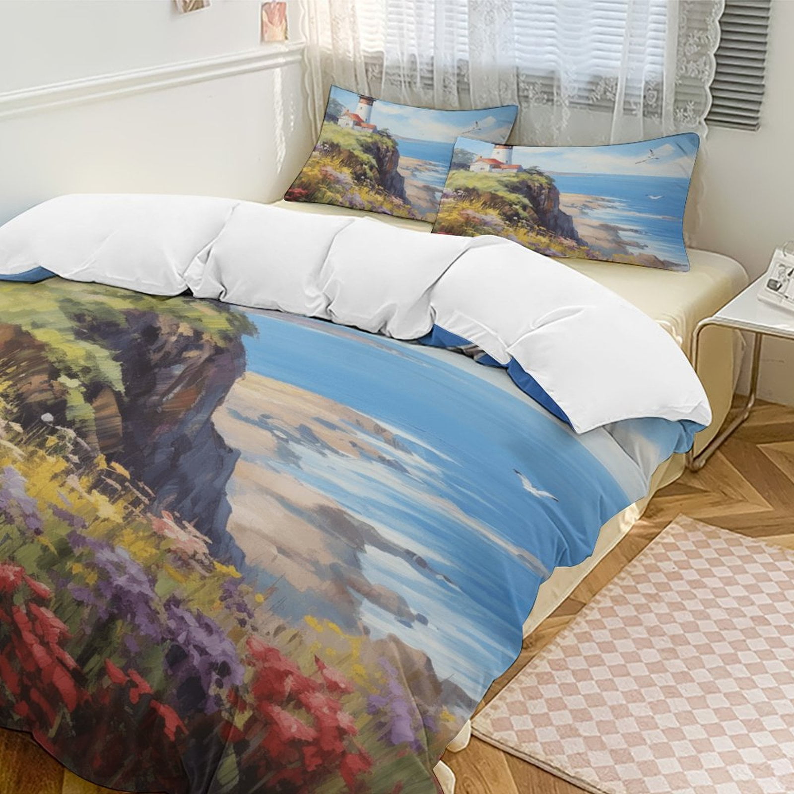 Lighthouse Sunrise Coast Scenery Pale Blue Tan 3D Duvet Cover Set Quilt ...