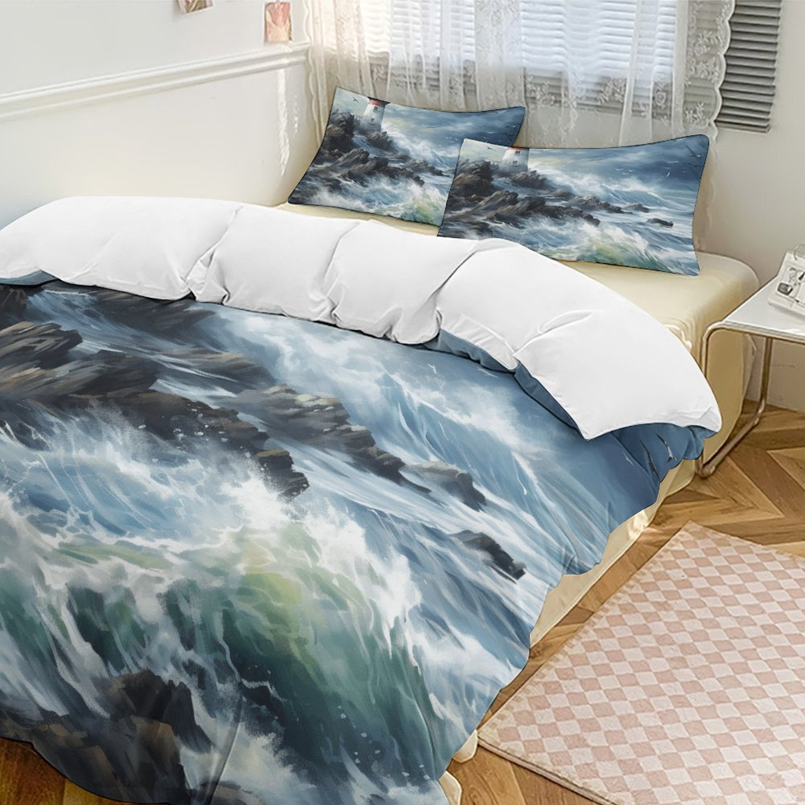 Lighthouse Sunrise Coast Scenery Pale Blue Tan 3D Duvet Cover Set Quilt ...