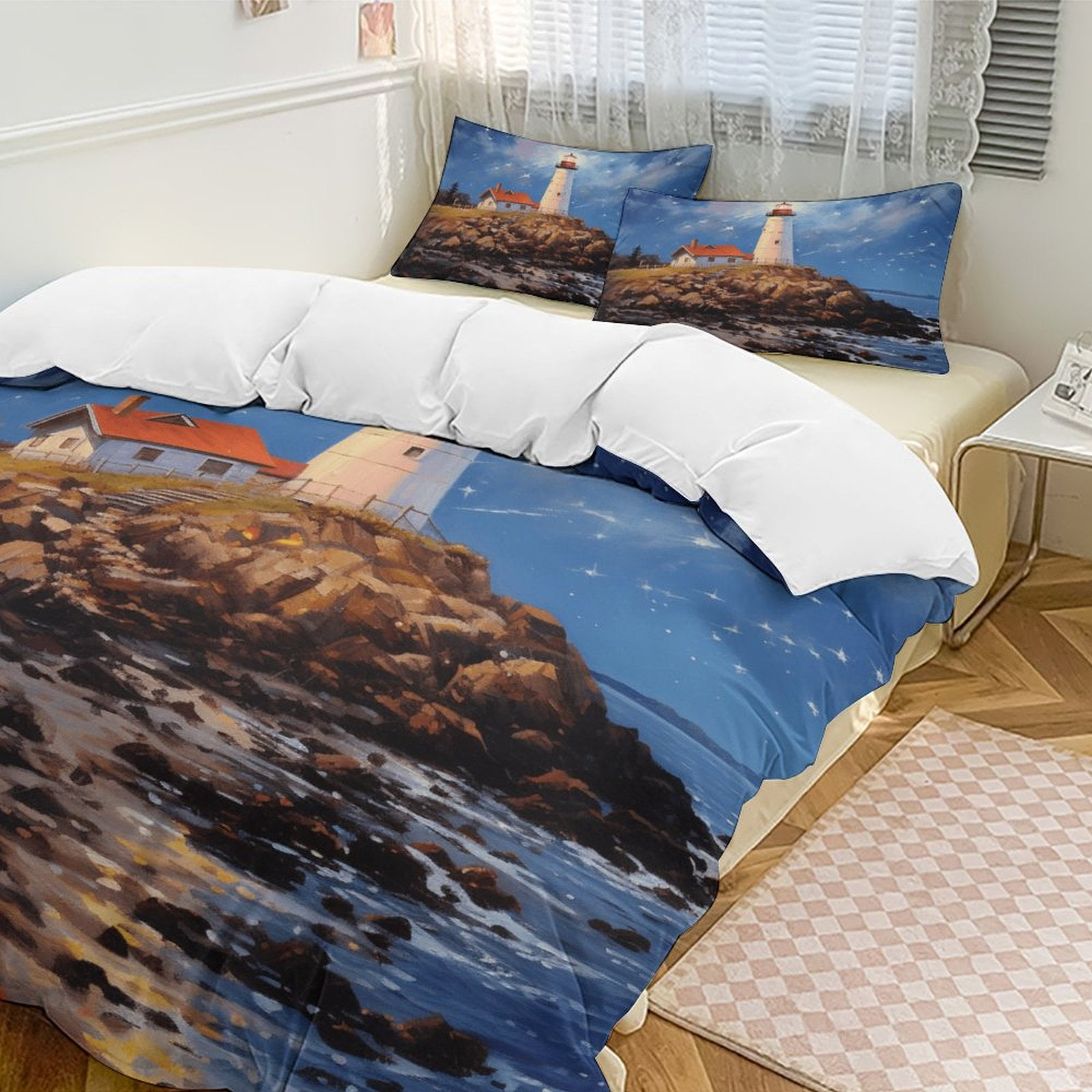 Lighthouse Sunrise Coast Scenery Pale Blue Tan 3D Duvet Cover Set Quilt ...