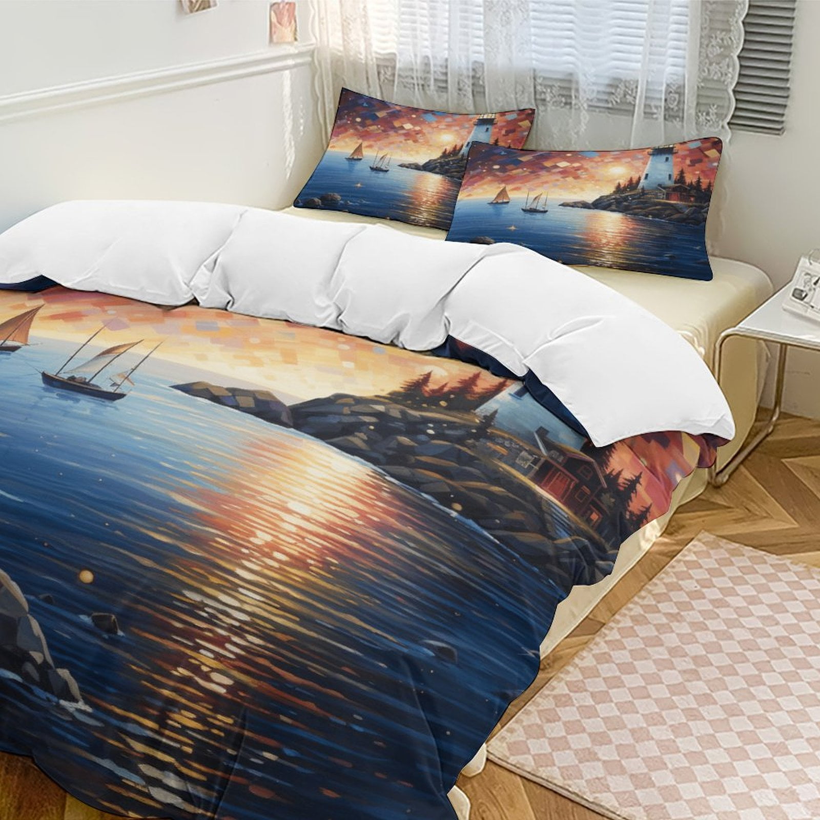 Lighthouse Sunrise Coast Scenery Pale Blue Tan 3D Duvet Cover Set Quilt ...