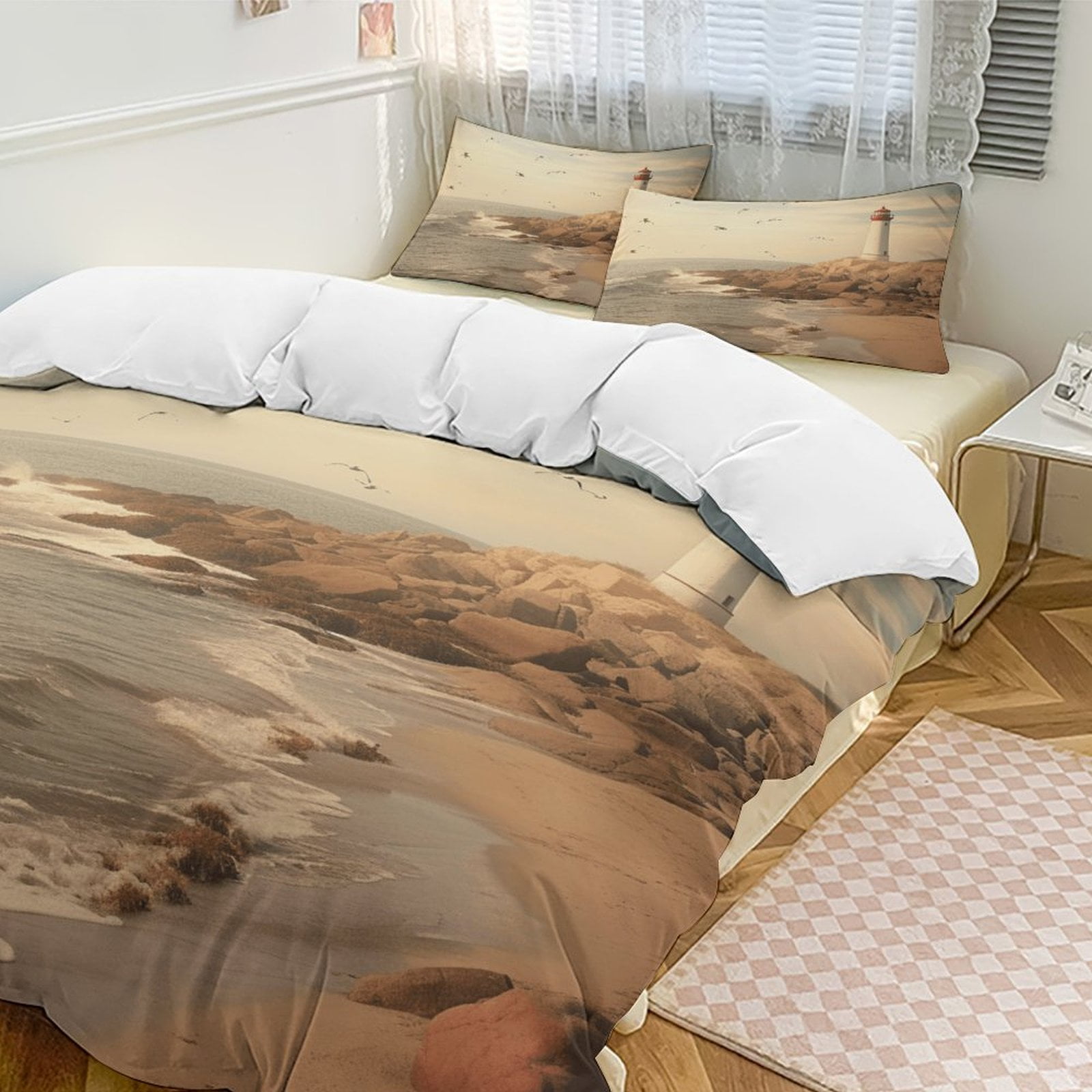Lighthouse Sunrise Coast Scenery Pale Blue Tan 3D Duvet Cover Set Quilt ...