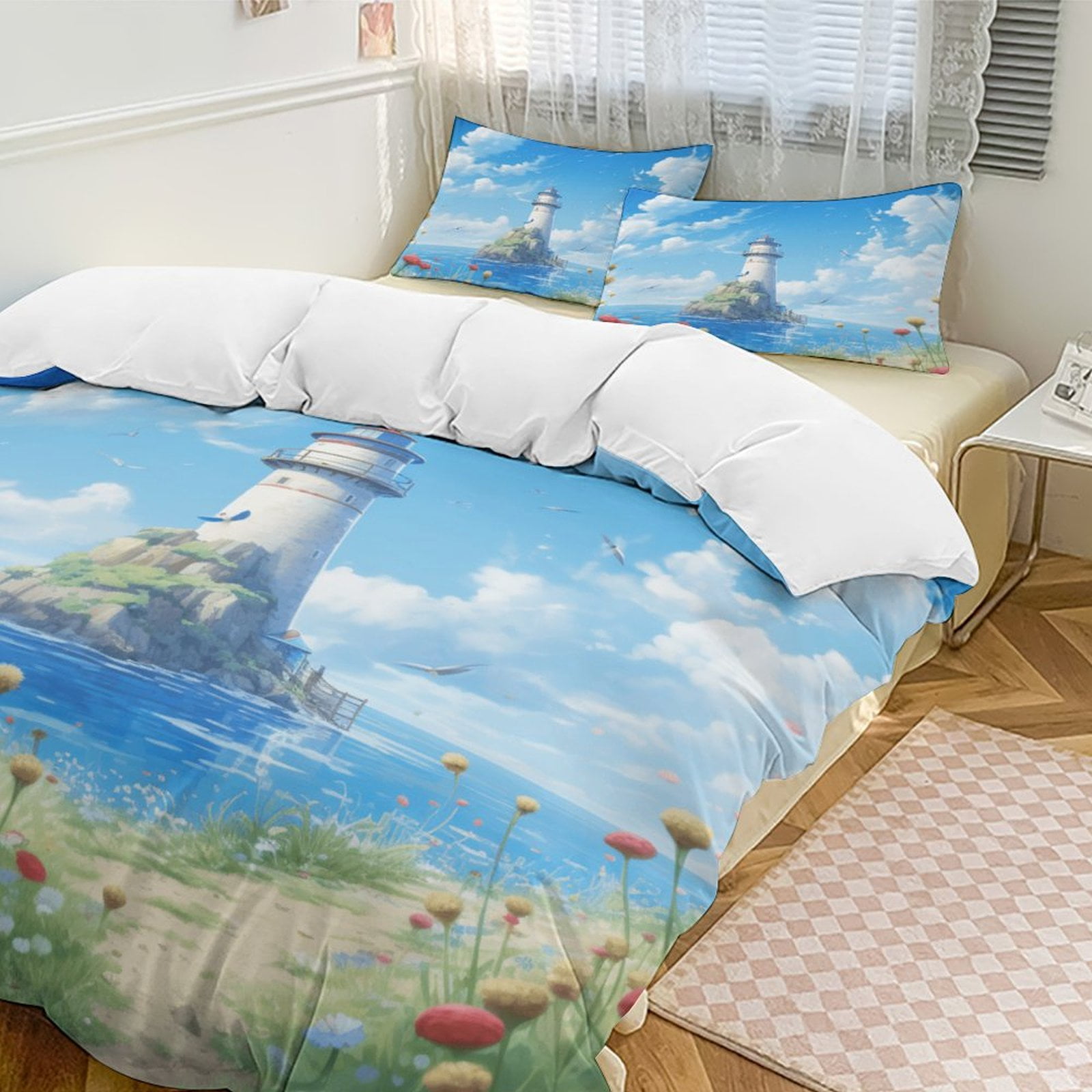 Lighthouse Sunrise Coast Scenery Pale Blue Tan 3D Duvet Cover Set Quilt ...