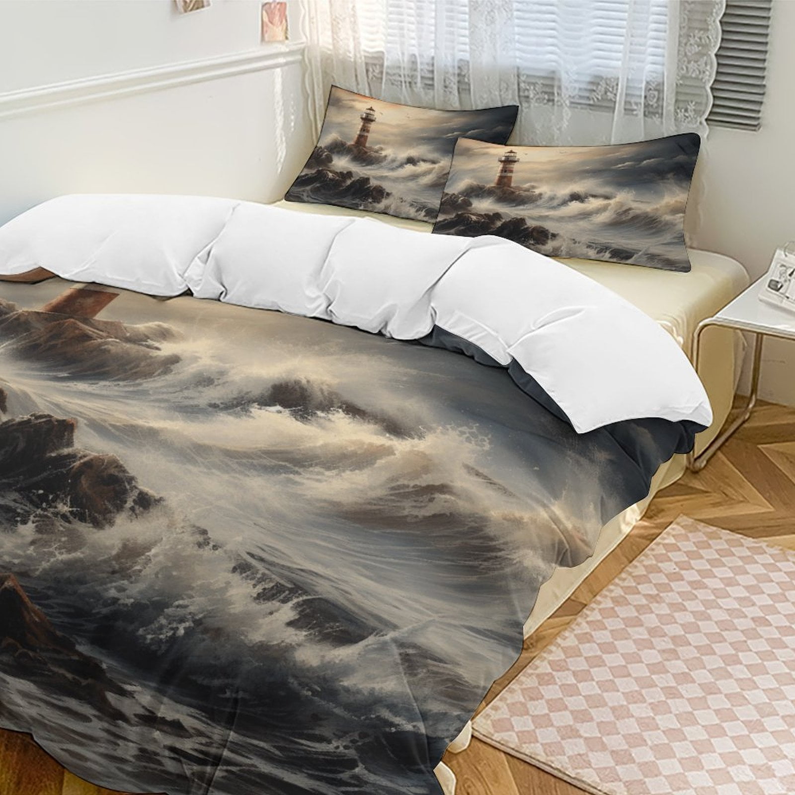 Lighthouse Sunrise Coast Scenery Pale Blue Tan 3D Duvet Cover Set Quilt ...
