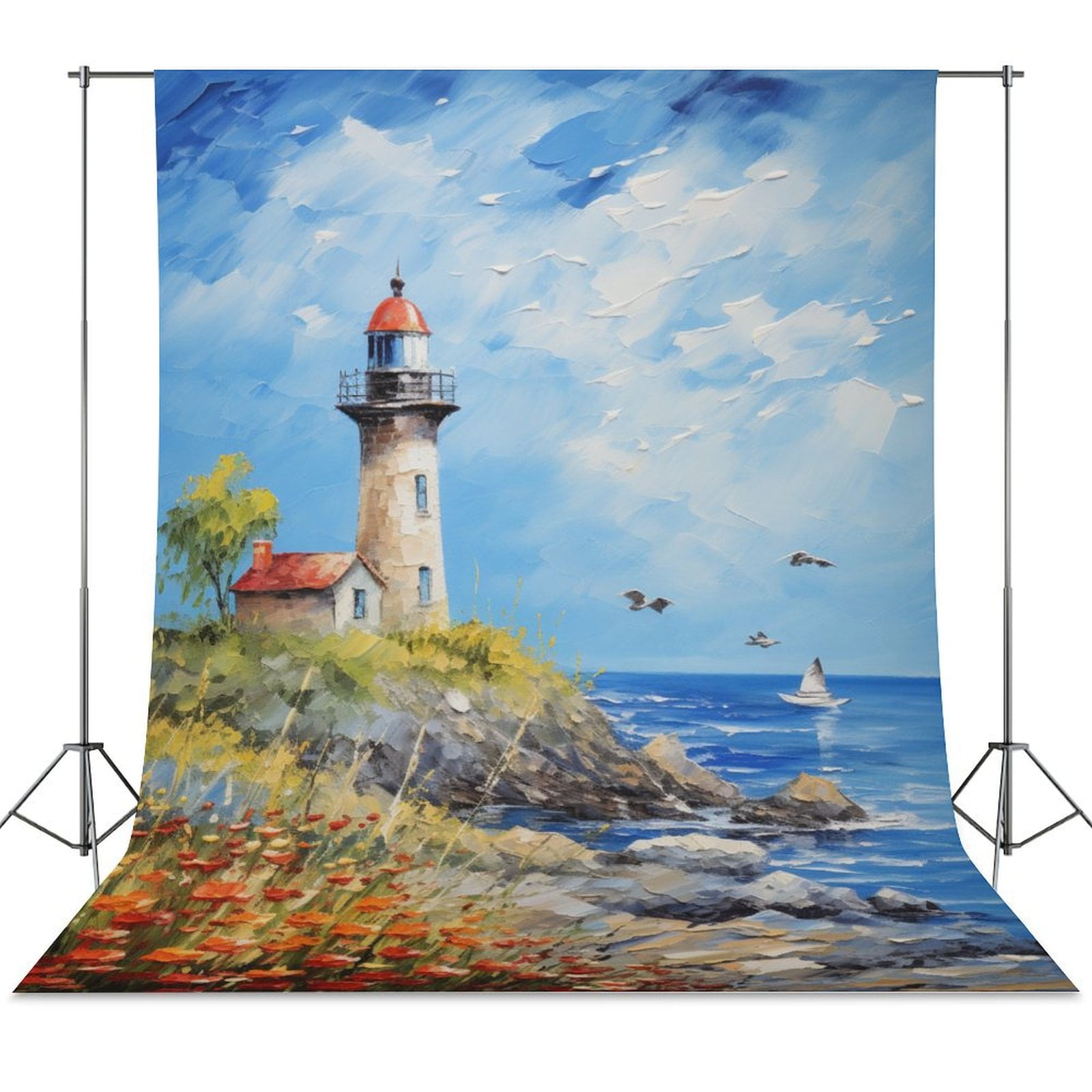Lighthouse Sunrise Coast Scenery Pale Blue Tan Backdrop Background for ...