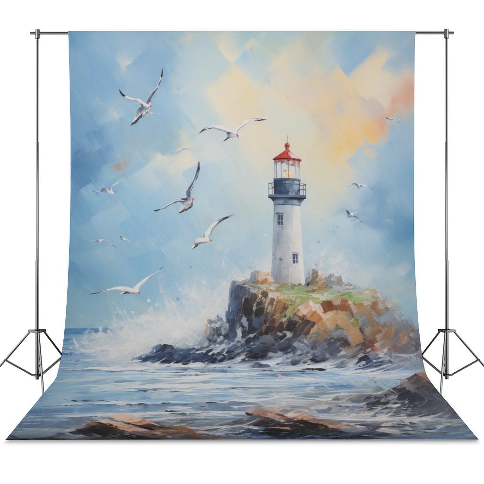 Lighthouse Sunrise Coast Scenery Pale Blue Tan Backdrop Background for ...