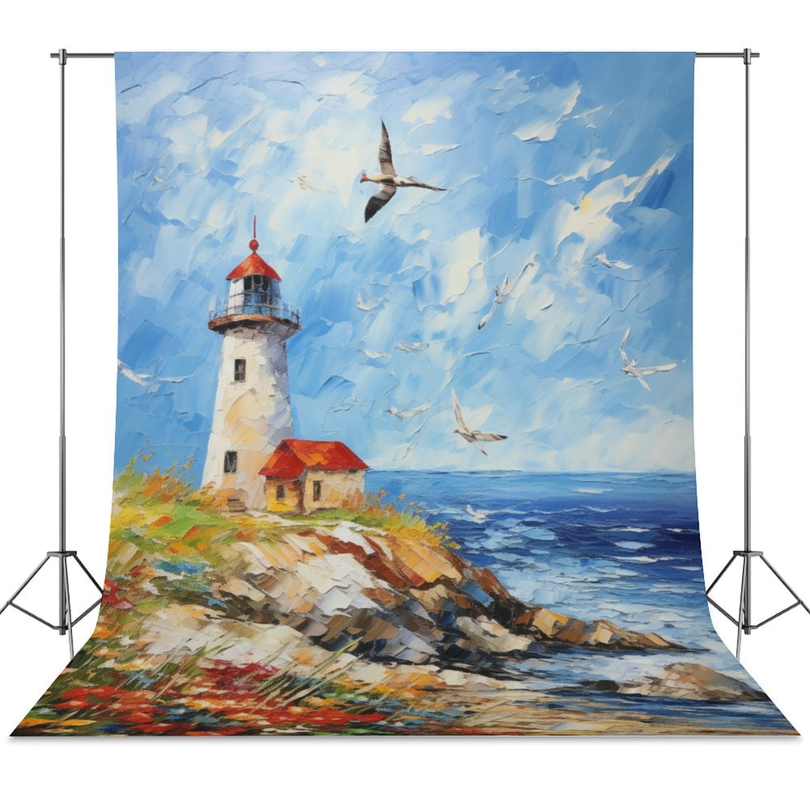 Lighthouse Sunrise Coast Scenery Pale Blue Tan Backdrop Background for ...